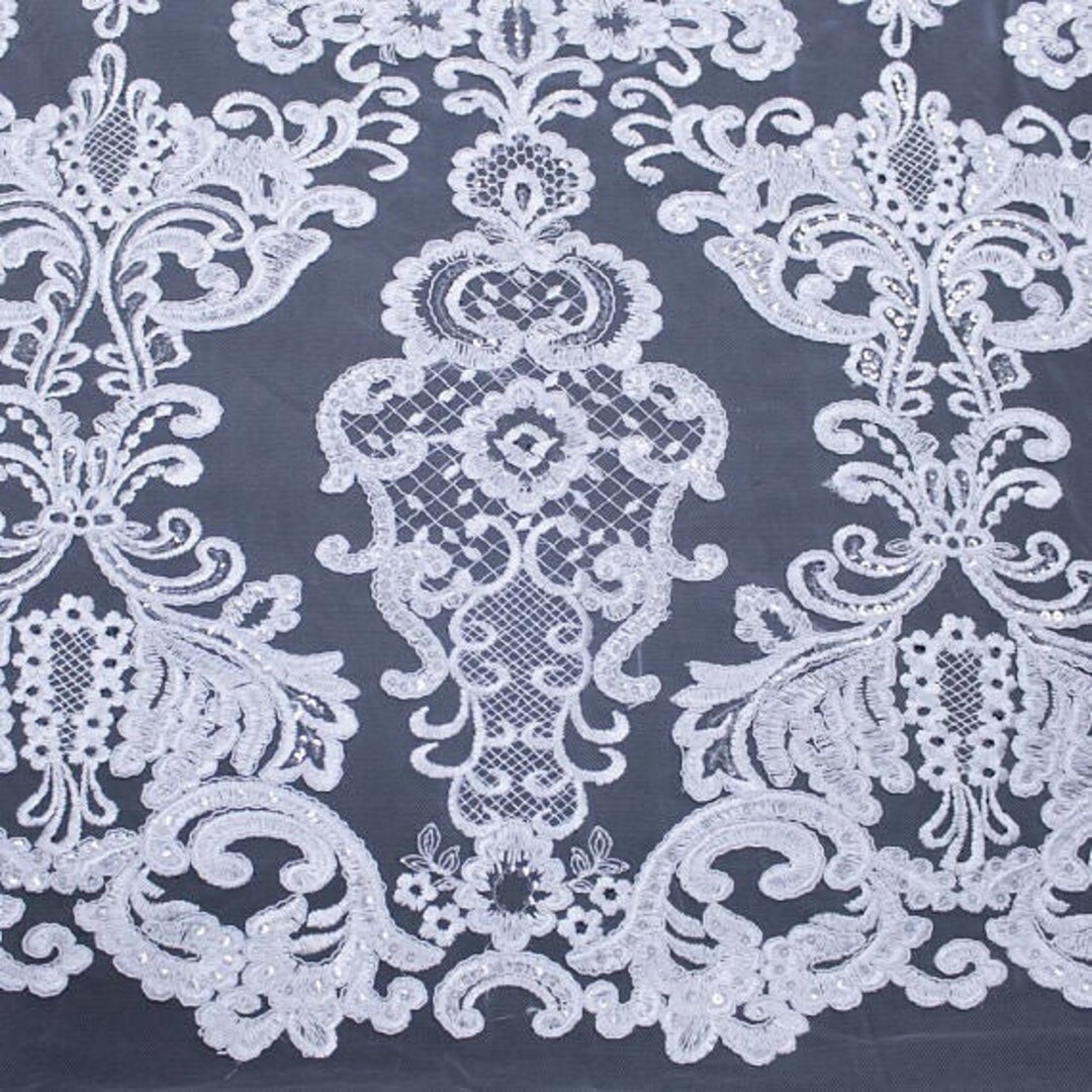 Vivian WHITE Polyester Embroidery With Sequins on Mesh Lace Fabric by ...