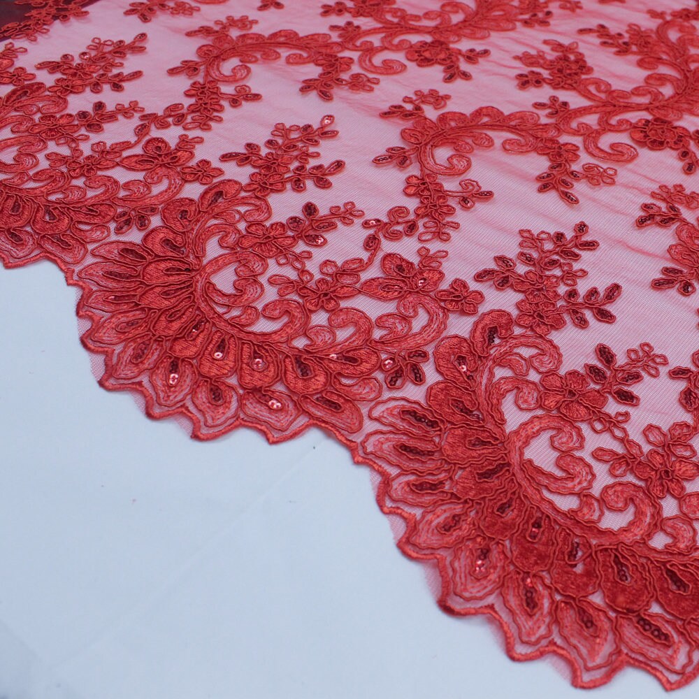 Melody RED Polyester Floral Embroidery With Sequins on Mesh Lace Fabric ...