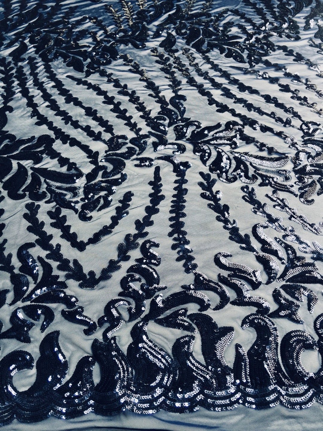 Miranda NAVY BLUE Vines and Leaves Sequins on NAVY Mesh Lace Fabric by ...