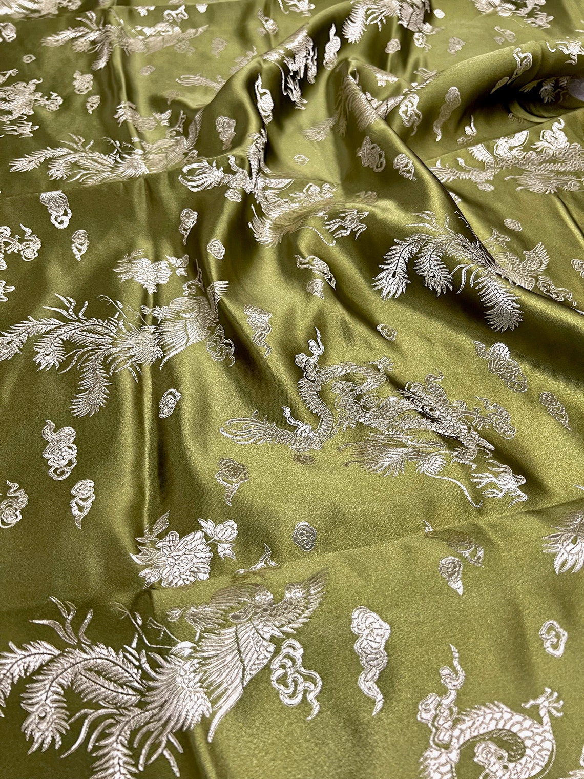 Arisa OLIVE Gold Dragon Brocade Chinese Satin Fabric for Cheongsam ...