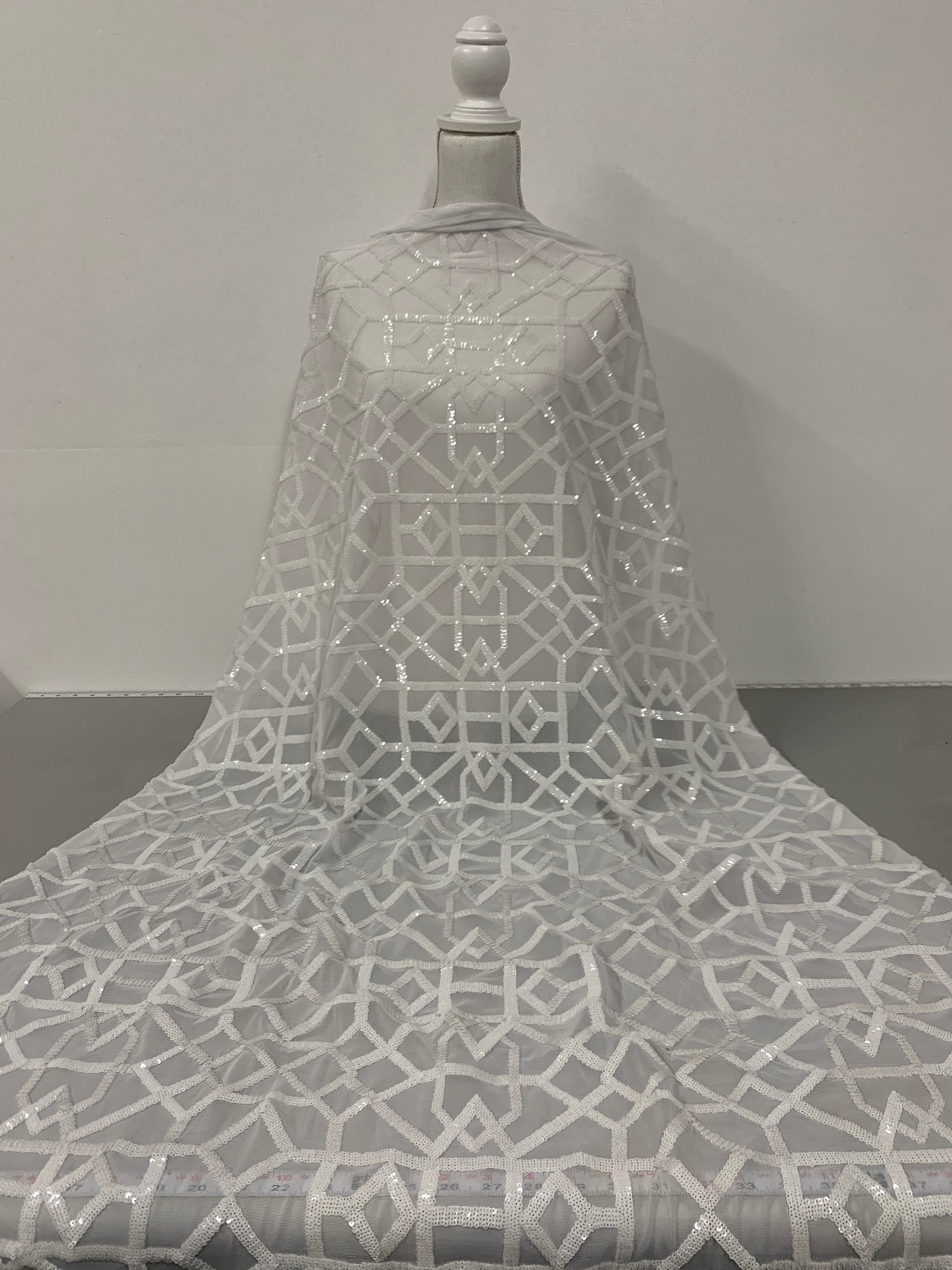 Meredith WHITE Trellis Pattern Sequins on Mesh Lace Fabric by | Etsy