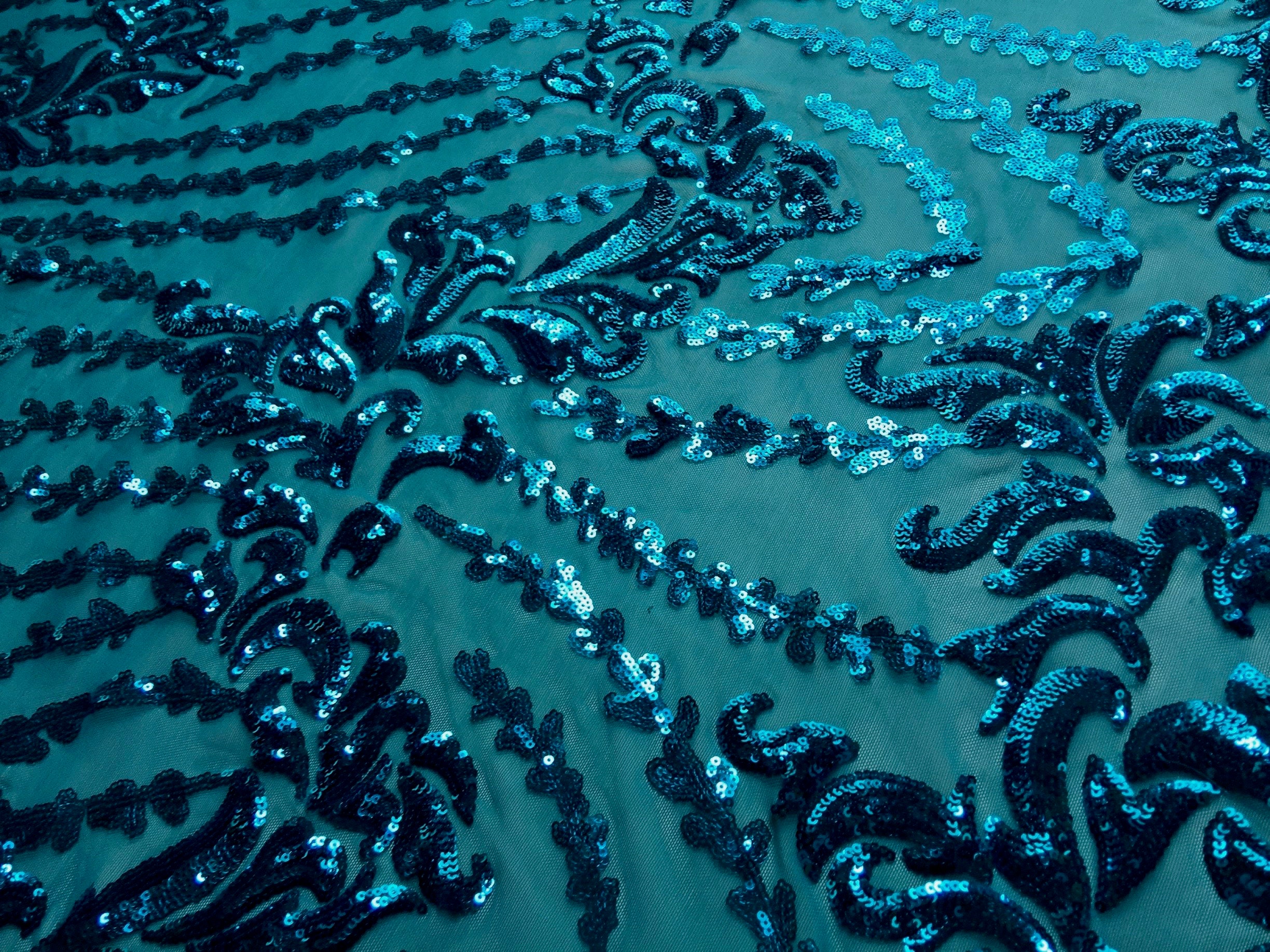 Miranda TEAL Vines and Leaves Sequins on TEAL Mesh Lace Fabric by the ...