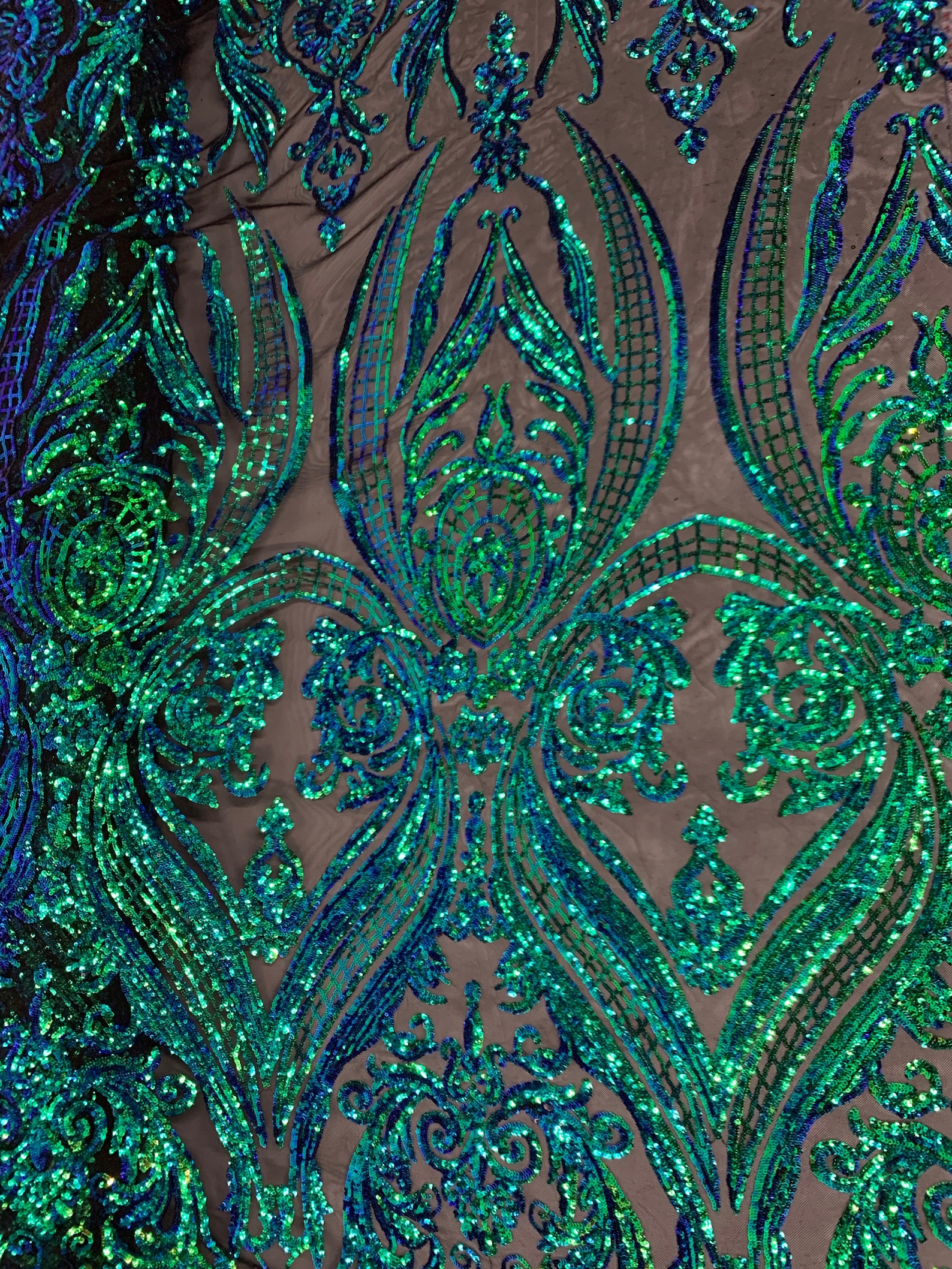Alaina IRIDESCENT GREEN BLUE Mermaid Curlicue Sequins on Mesh Lace ...