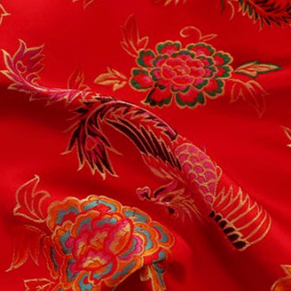 Aiko RED Dragon Floral Brocade Chinese Satin Fabric for - Etsy