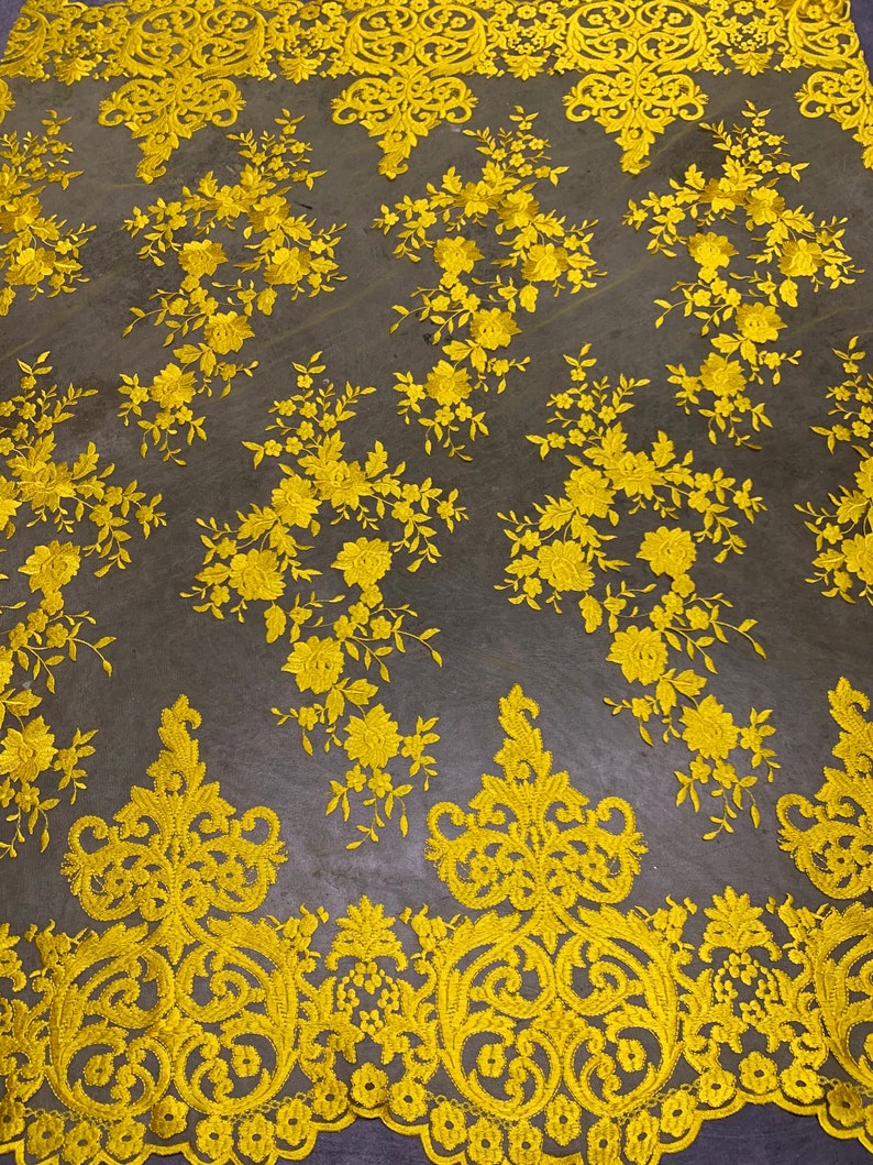 Teagan BRIGHT YELLOW Damask Design Embroidered on Mesh Lace - Etsy