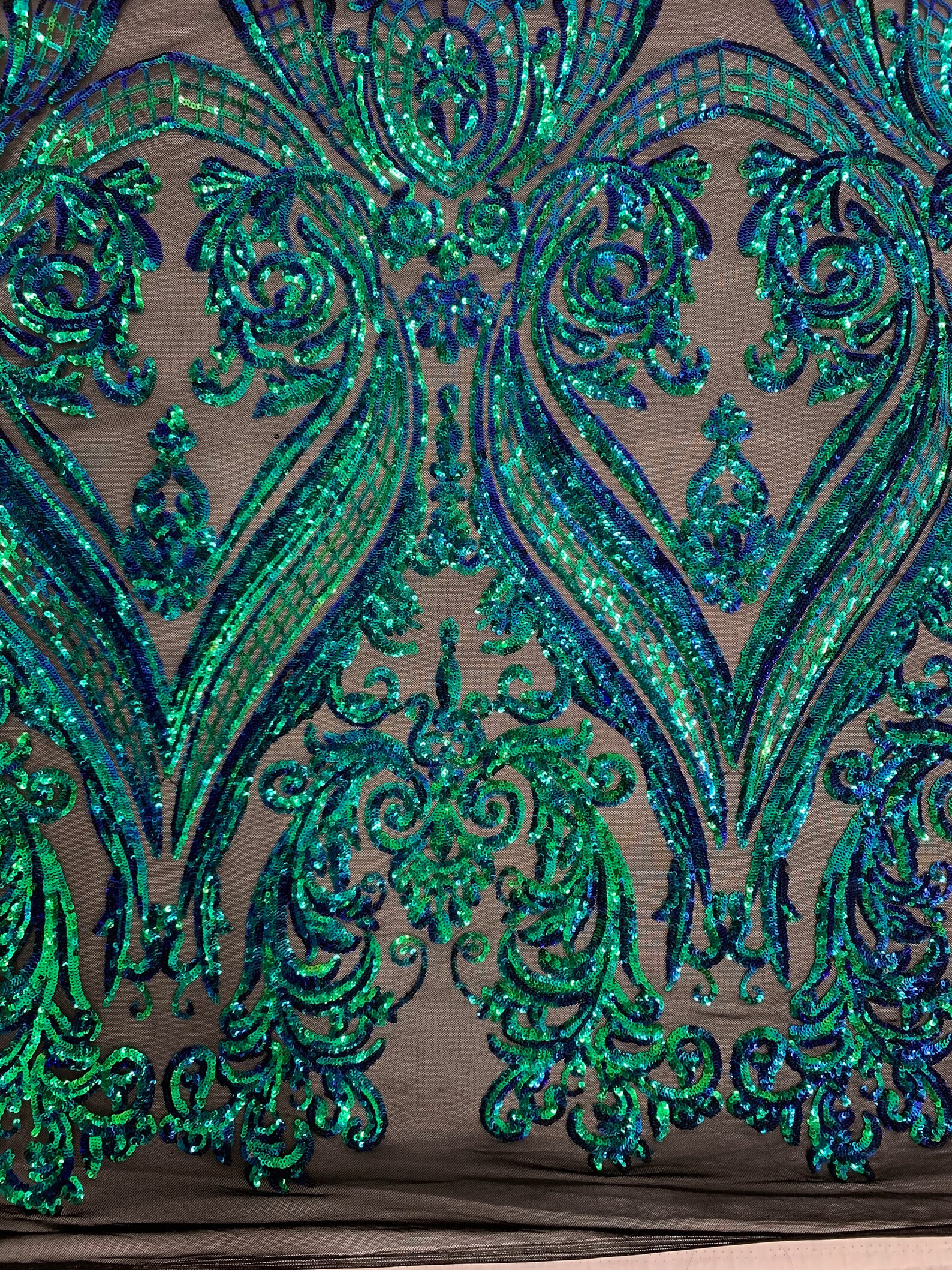 Alaina IRIDESCENT GREEN BLUE Mermaid Curlicue Sequins on Mesh Lace ...