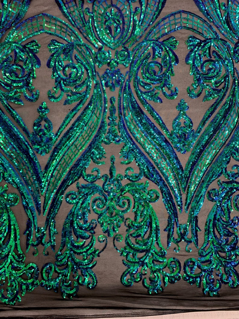 Alaina IRIDESCENT GREEN BLUE Mermaid Curlicue Sequins on Mesh Lace ...