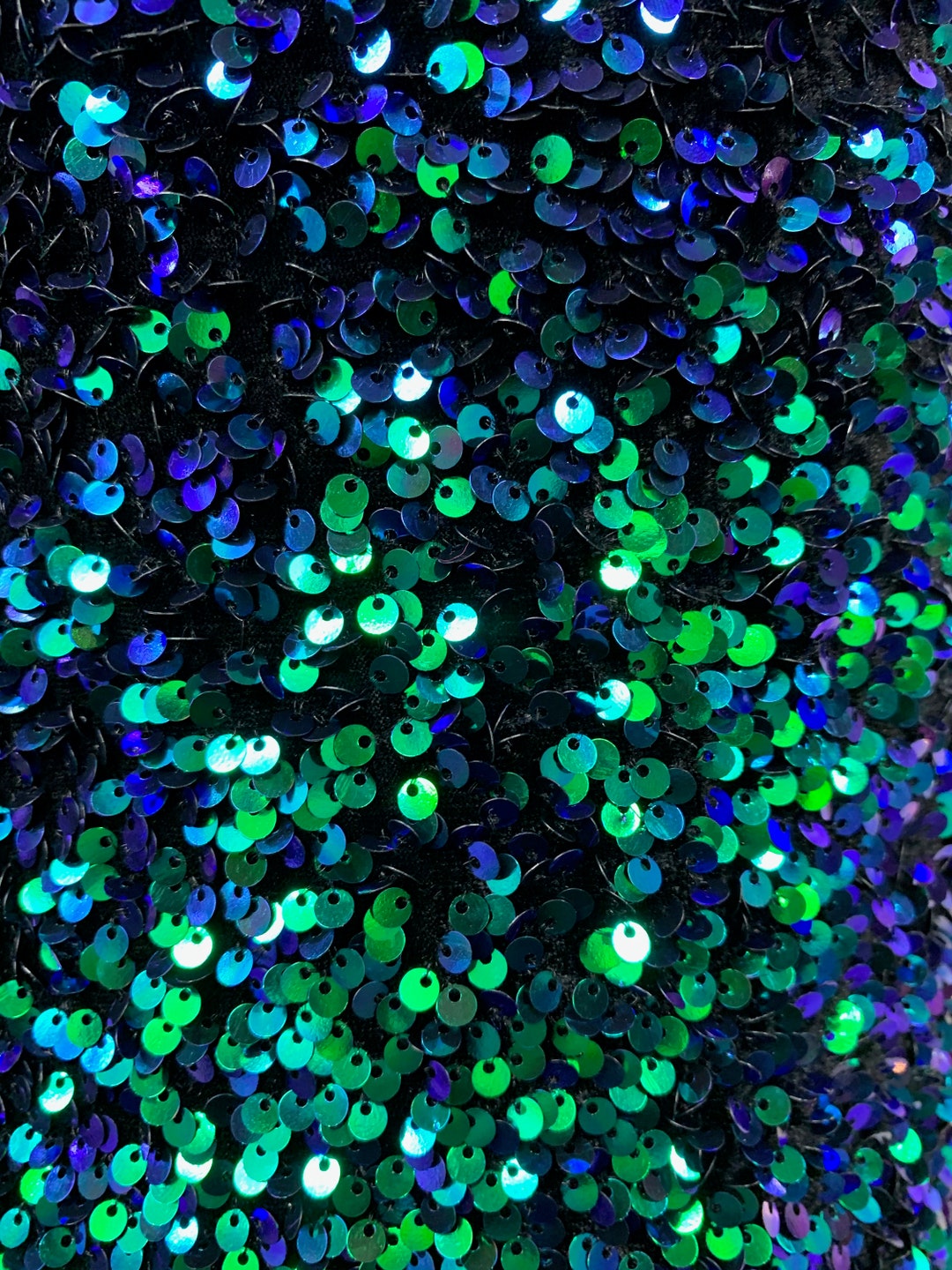 Stephanie GREEN BLUE Mermaid Overlap Sequins on BLACK Stretch Velvet ...