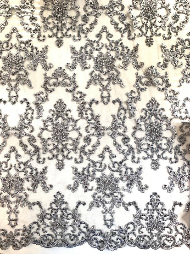 Helena GREY Embroidered Damask Pattern With Faux Pearls and - Etsy