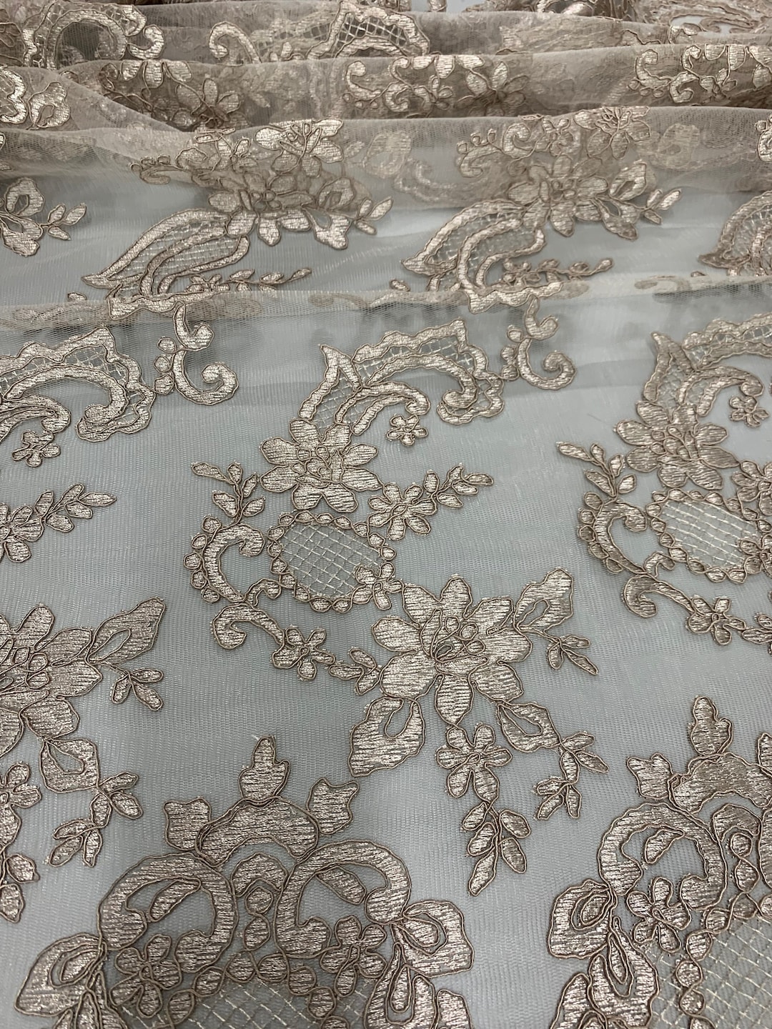 Elise TAUPE Polyester Corded Floral Embroidery on Mesh Lace Fabric by ...