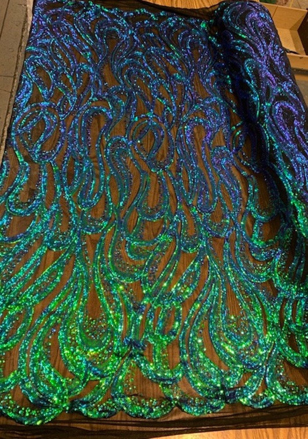 Lorelei IRIDESCENT GREEN BLUE Mermaid Swirls Sequins on Mesh Lace ...