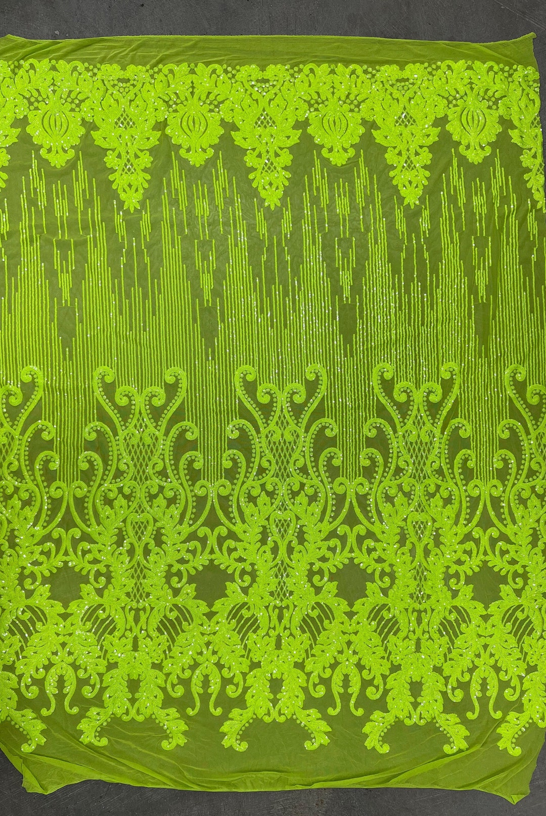 Angelica NEON YELLOW GREEN Curlicues and Leaves Sequins on Mesh Lace ...