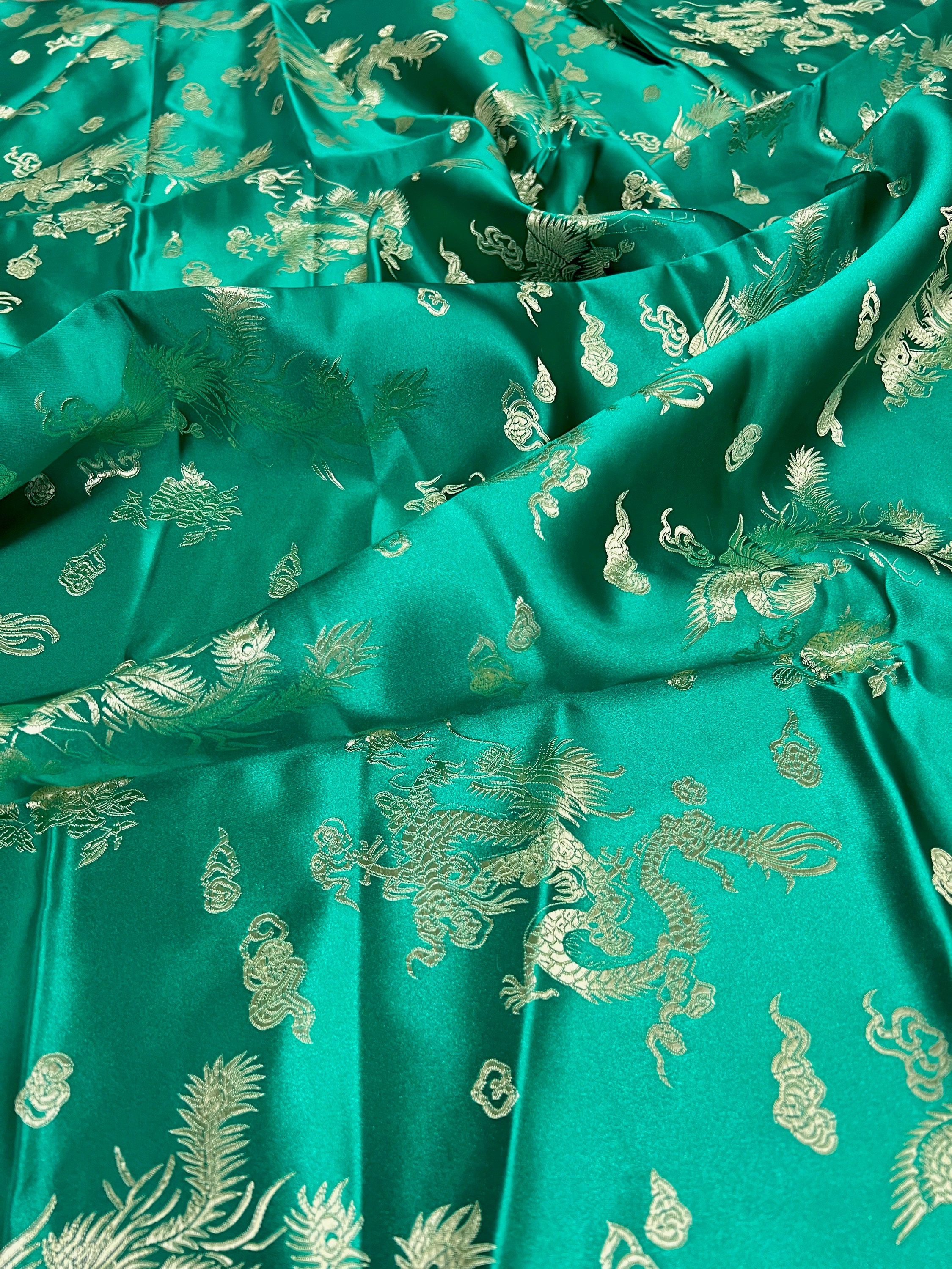 Arisa JADE GREEN Gold Dragon Brocade Chinese Satin Fabric for Cheongsam ...