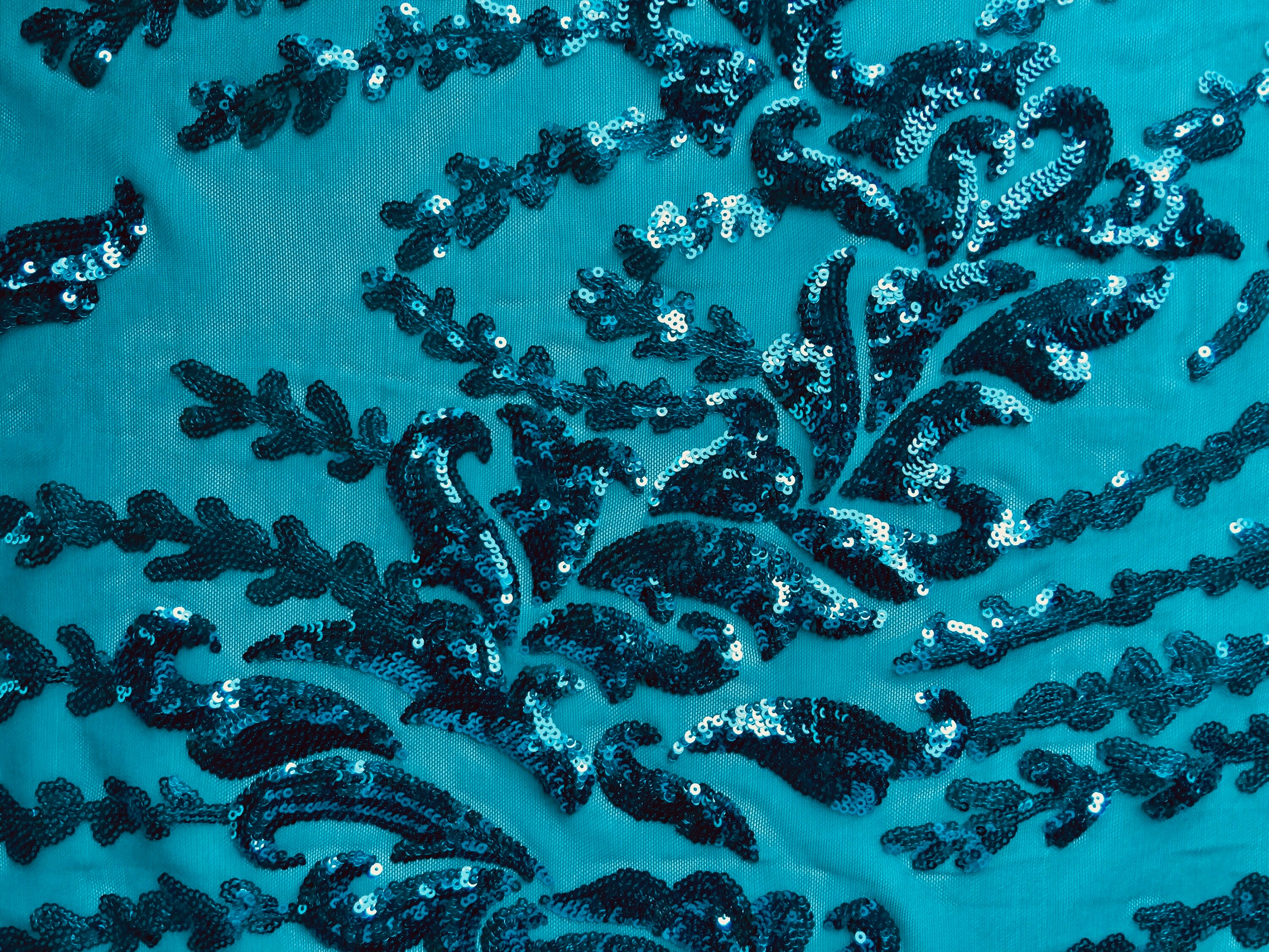 Miranda TEAL Vines and Leaves Sequins on TEAL Mesh Lace Fabric by the ...