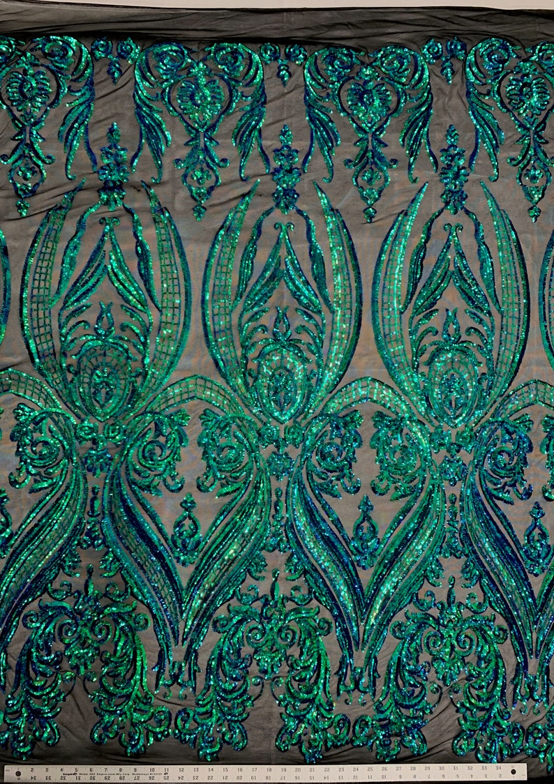 Alaina IRIDESCENT GREEN BLUE Mermaid Curlicue Sequins on Mesh Lace ...