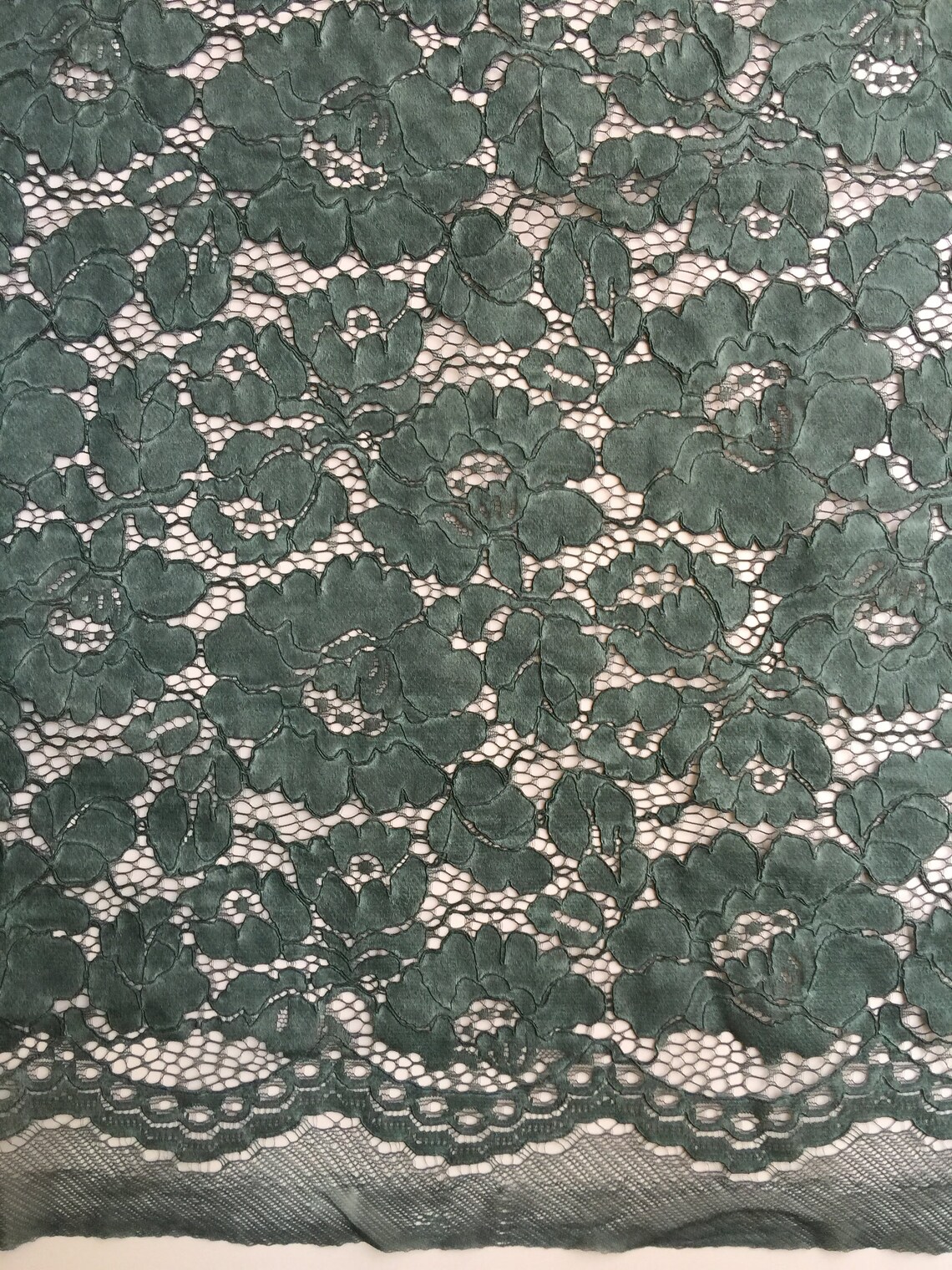 Summer HUNTER GREEN Floral Pattern Double Dyed Flat Lace on Mesh Fabric ...