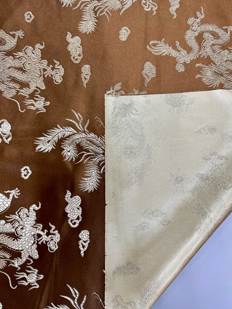 Arisa BROWN Gold Dragon Brocade Chinese Satin Fabric for Cheongsam ...