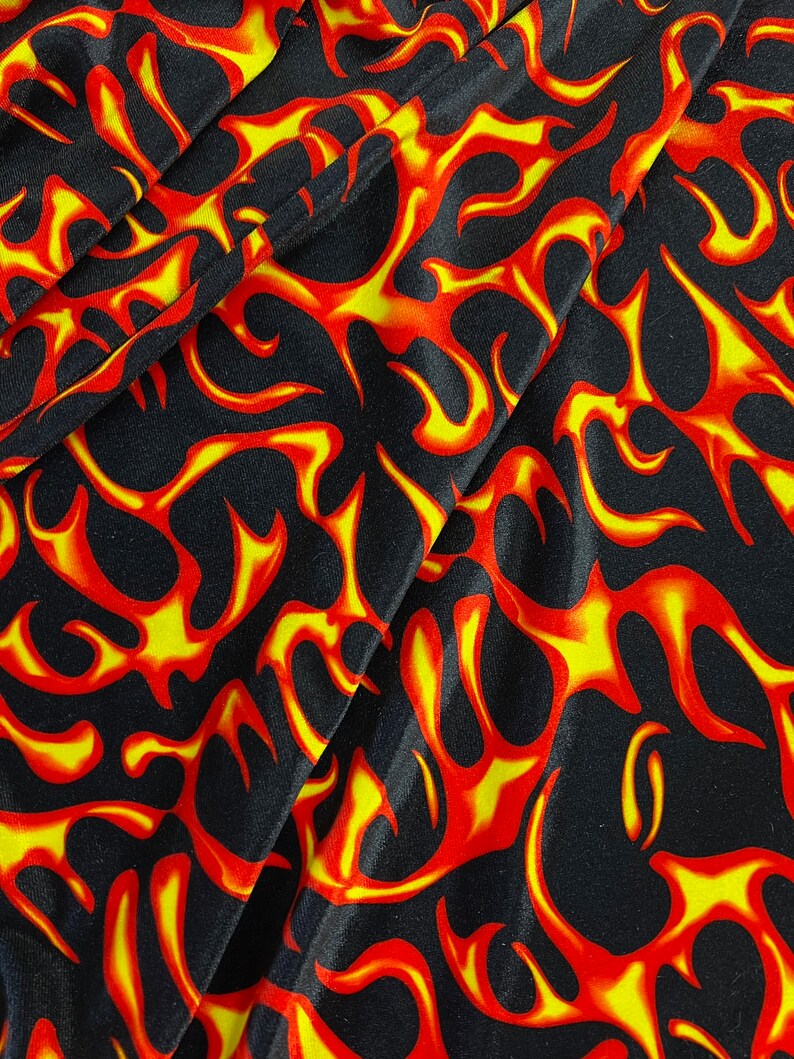 Sutton YELLOW ORANGE FLAMES Print on Polyester Stretch Velvet Fabric ...
