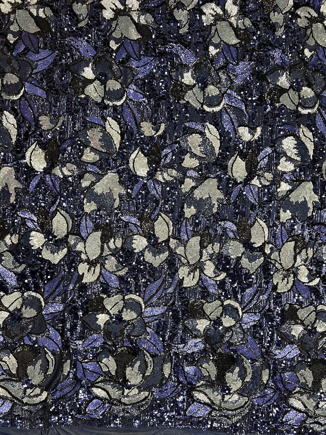 Natasha NAVY/SILVER Full Overlapping Sequins on Stretch Mesh Lace ...