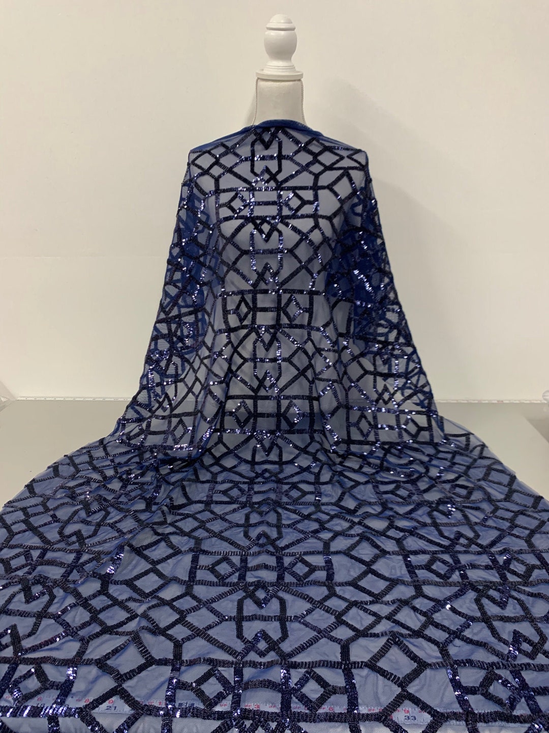 Meredith NAVY BLUE Trellis Pattern Sequins on Mesh Lace Fabric by the ...
