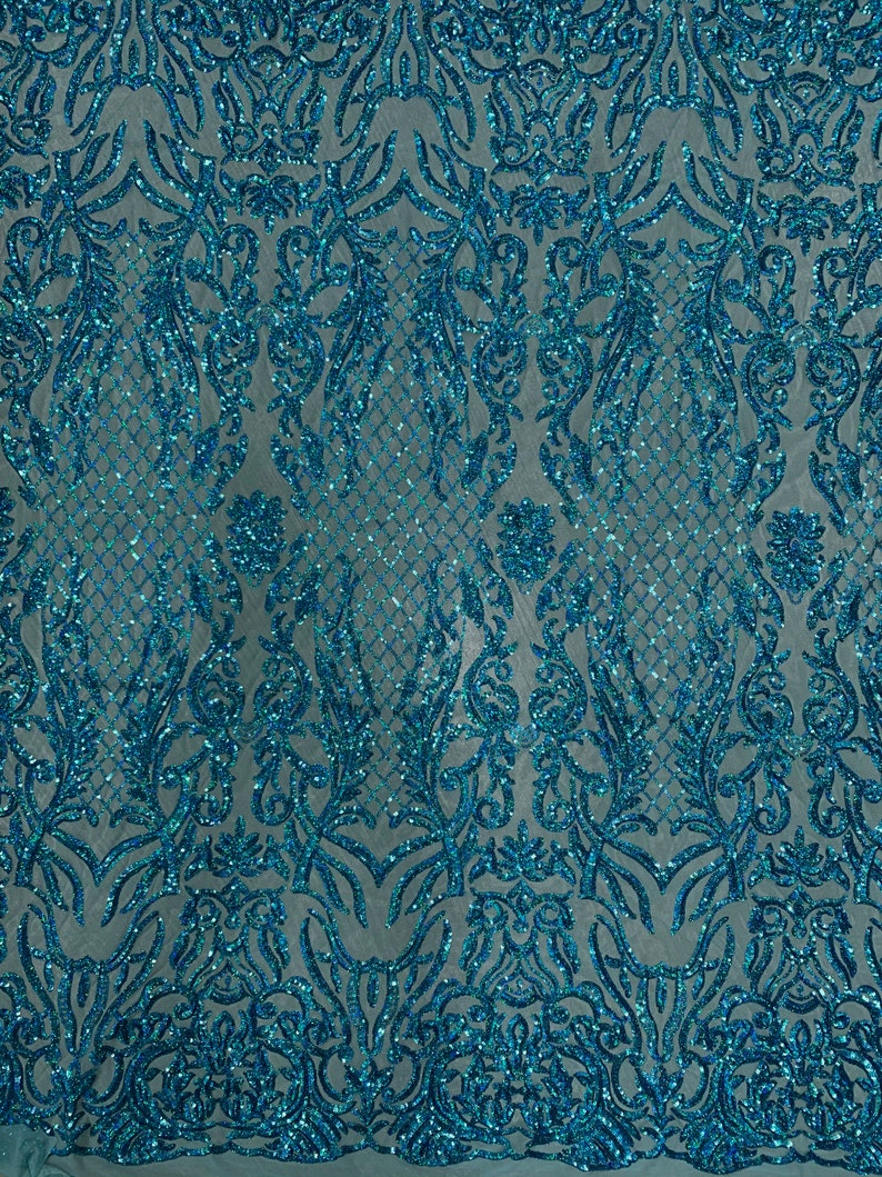 Phoebe IRIDESCENT TURQUOISE Sequins on Mesh Lace Fabric by the Yard ...