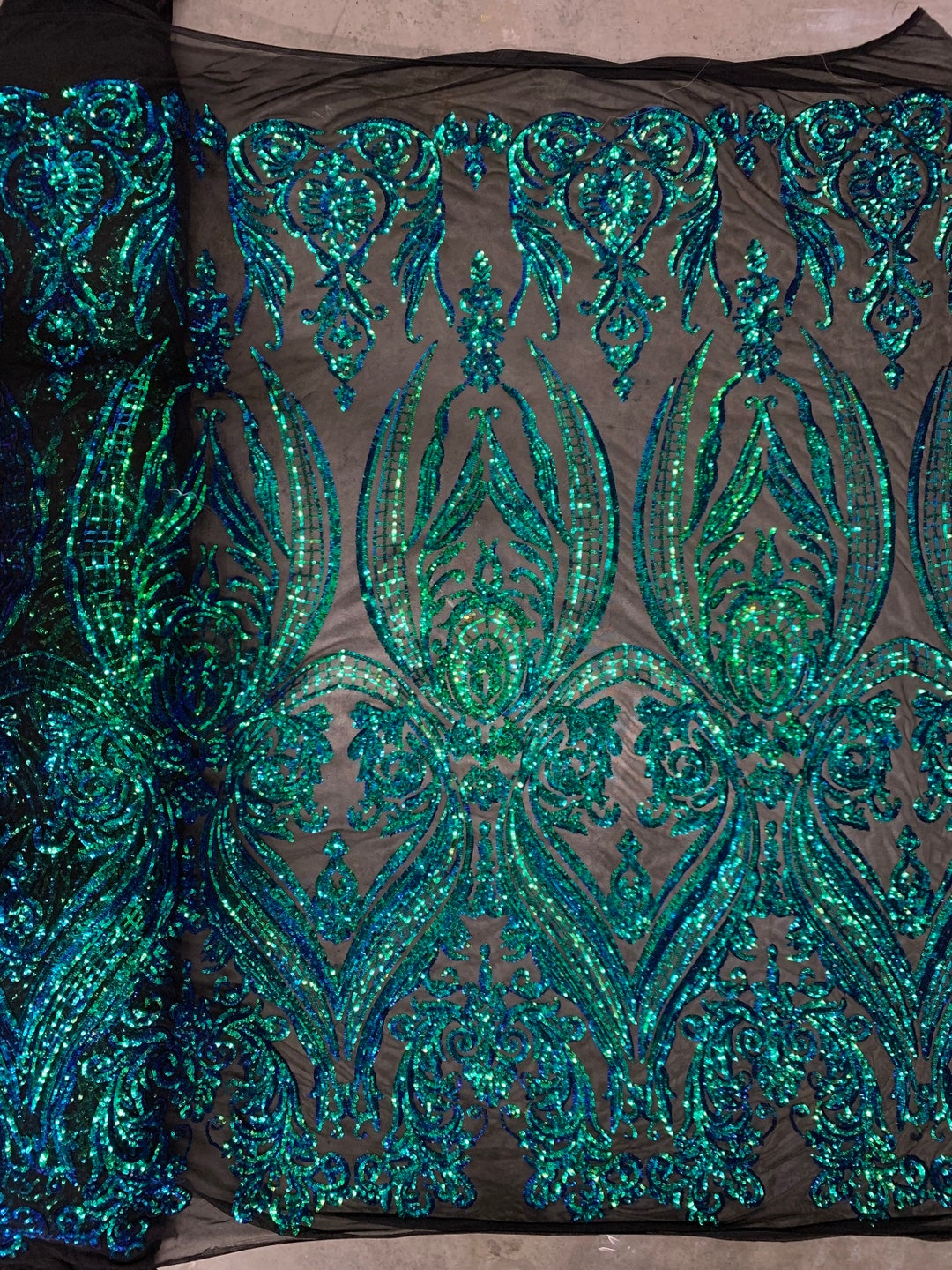 Alaina IRIDESCENT GREEN BLUE Mermaid Curlicue Sequins on Mesh Lace ...