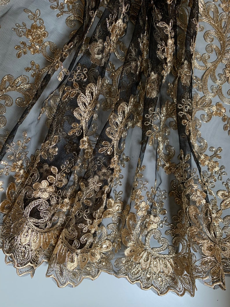 Melody GOLD Polyester Floral Embroidery With Sequins on BLACK - Etsy