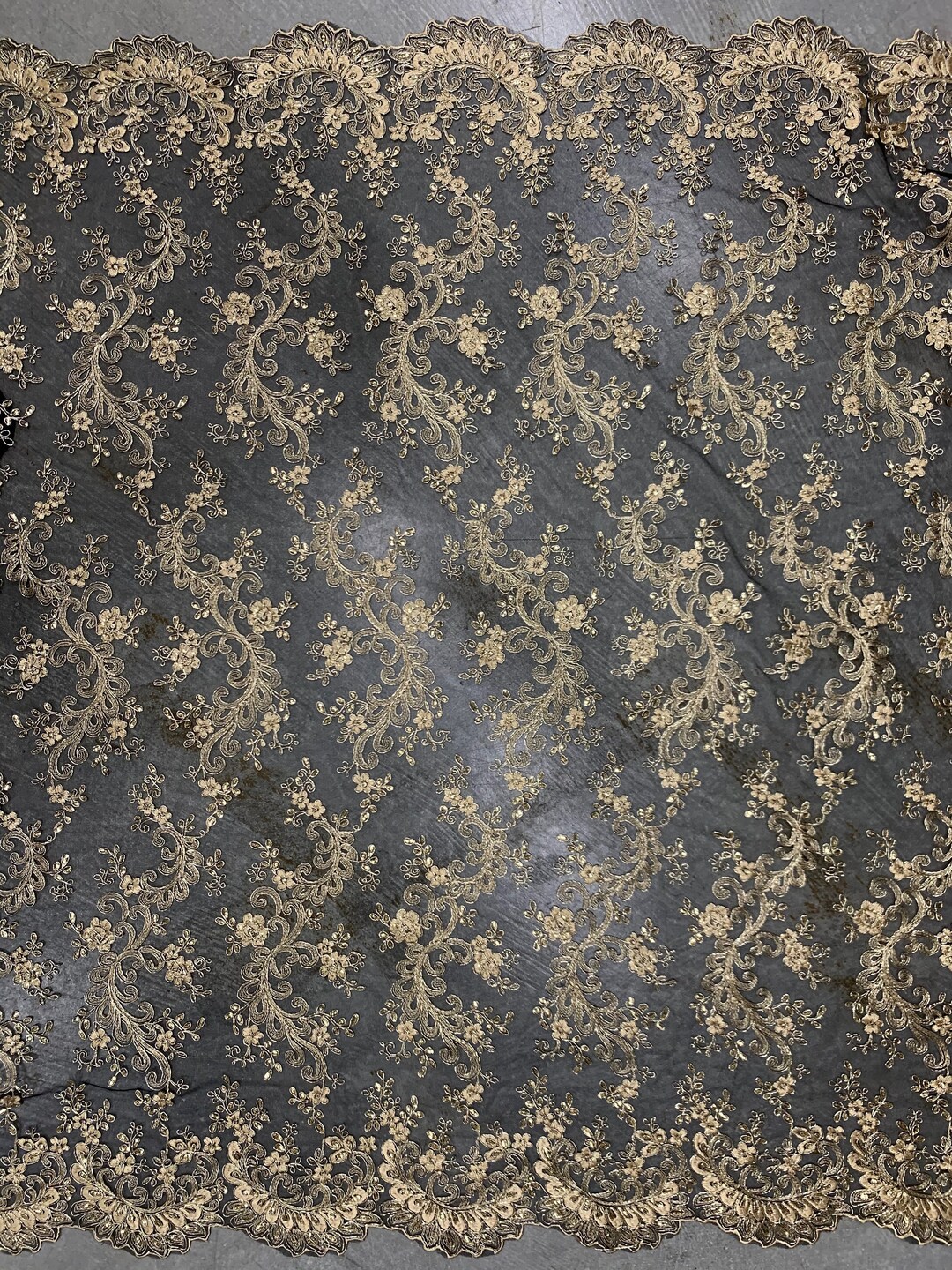 Melody GOLD Polyester Floral Embroidery With Sequins on BLACK Mesh Lace ...