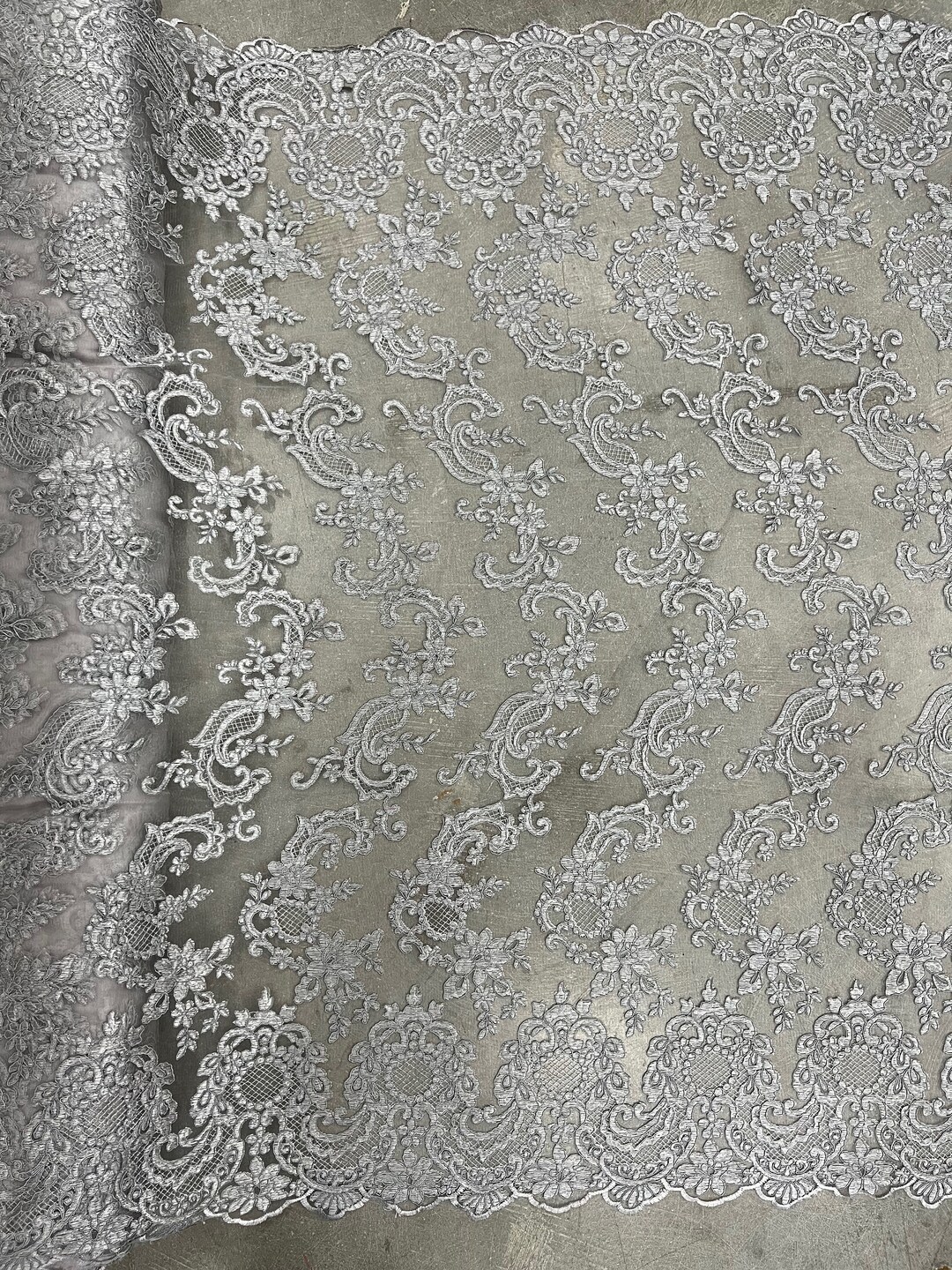 Elise GREY Polyester Corded Floral Embroidery on Mesh Lace Fabric by ...