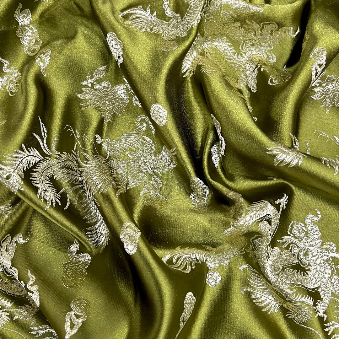 Arisa OLIVE Gold Dragon Brocade Chinese Satin Fabric for Cheongsam ...