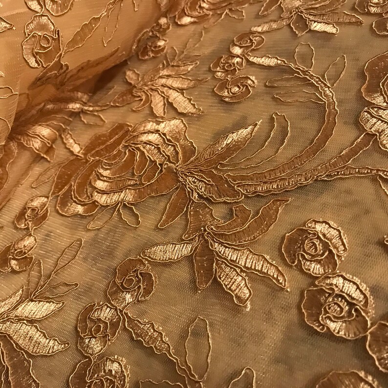 Dakota GOLD Polyester Corded Floral Embroidery on Mesh Lace | Etsy