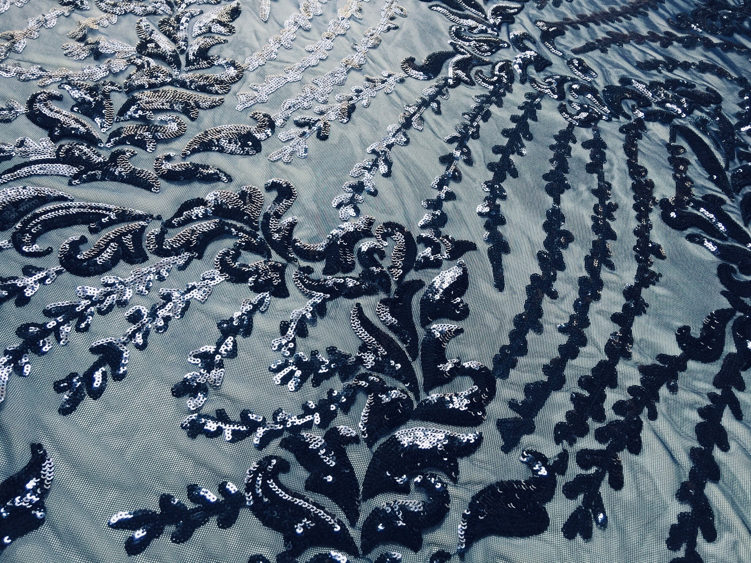 Miranda NAVY BLUE Vines and Leaves Sequins on NAVY Mesh Lace Fabric by ...