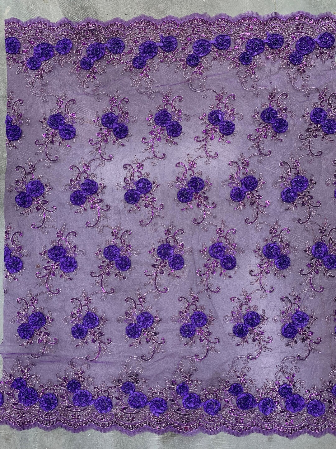 Ryleigh PURPLE 3D Floral Embroidery With Foil & Sequins on Mesh Lace ...