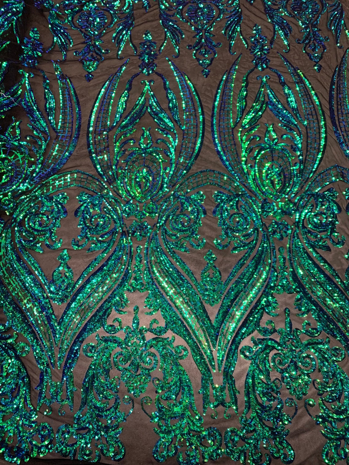 Alaina IRIDESCENT GREEN BLUE Mermaid Curlicue Sequins on Mesh Lace ...