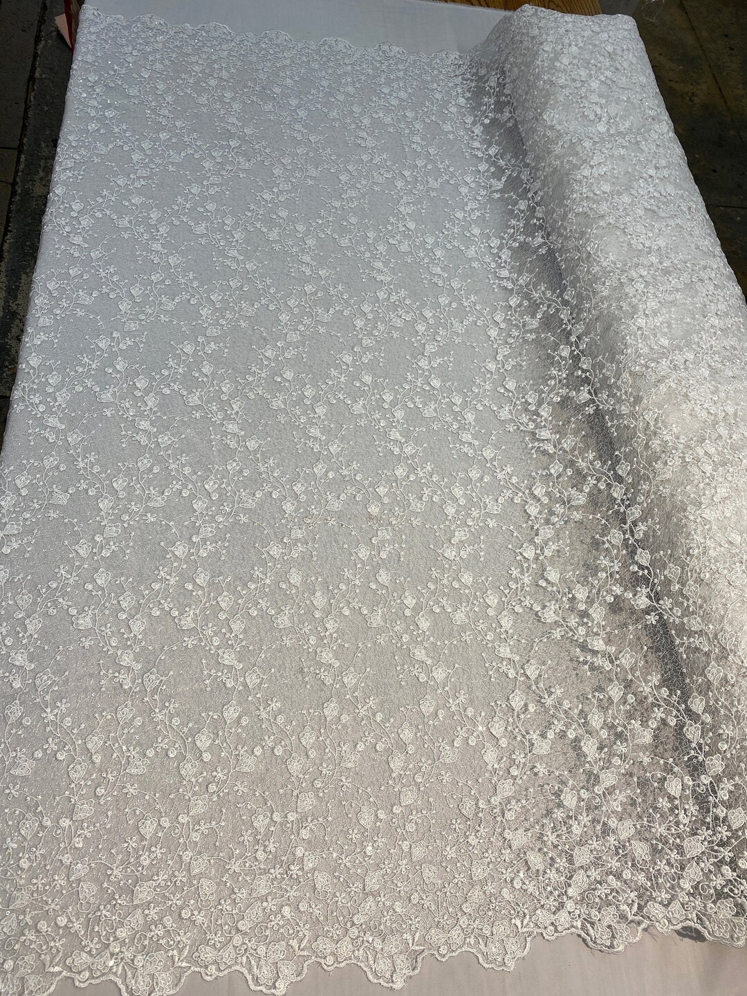 Braelyn WHITE Polyester Floral Embroidery With Sequins on Web Mesh Lace ...