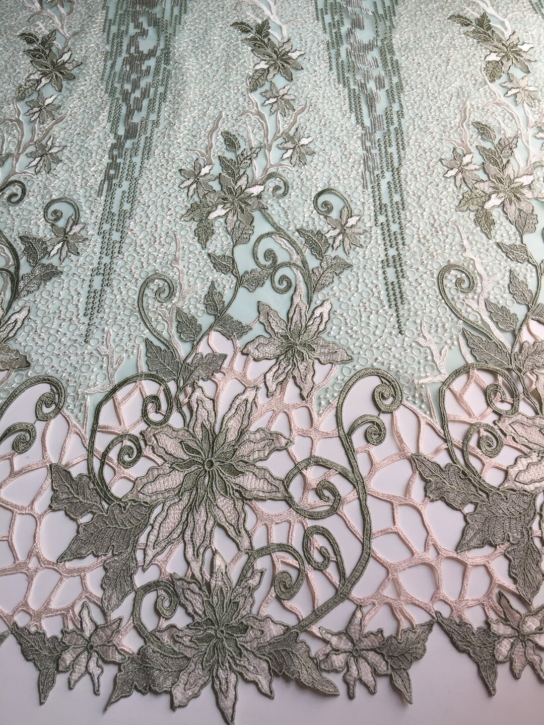 Skye SAGE Embroidered Floral Edge Guipure on Mesh Lace Fabric by the ...