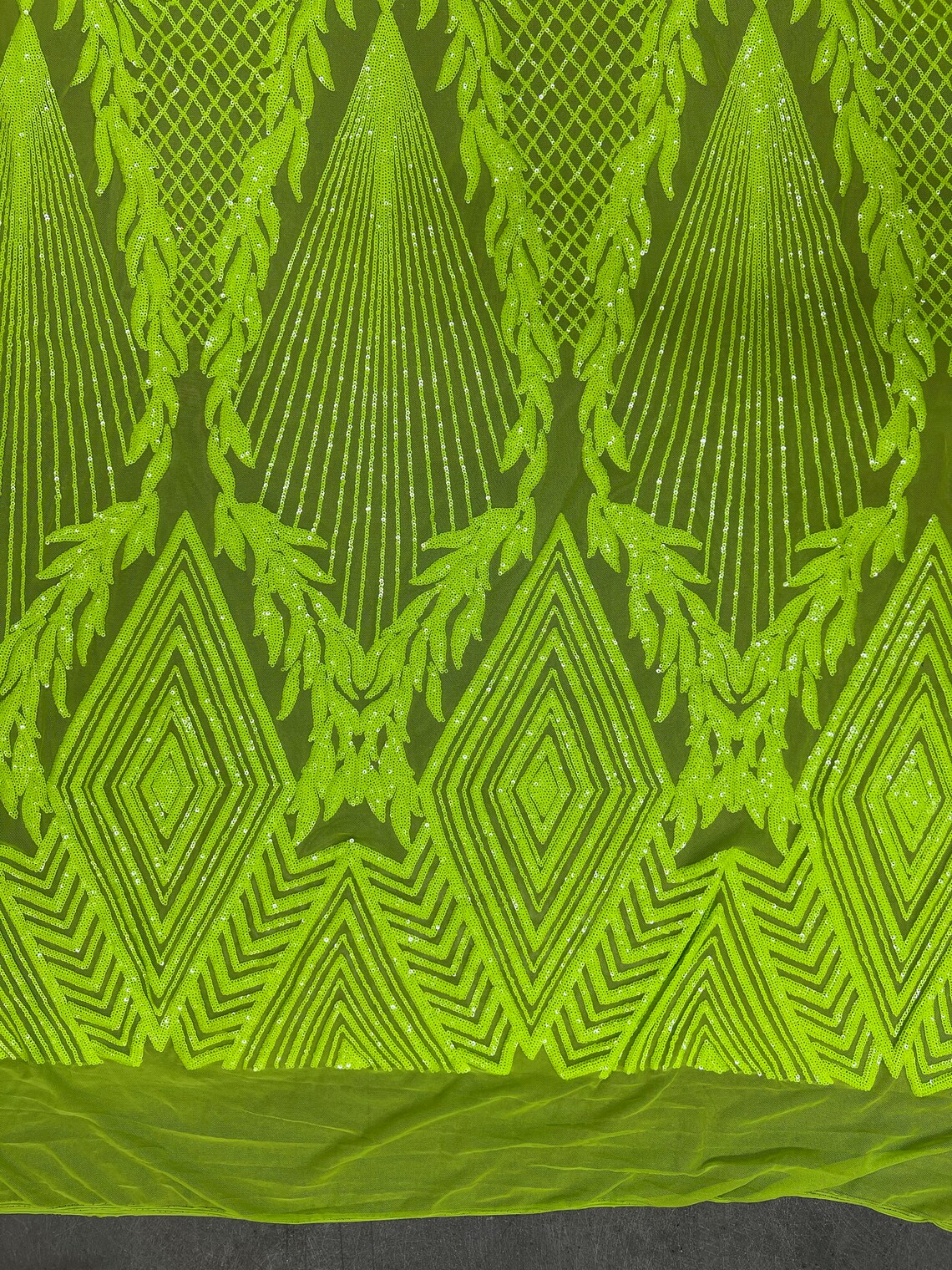 Francesca NEON YELLOW GREEN Vines and Diamonds Pattern Sequins on Mesh ...