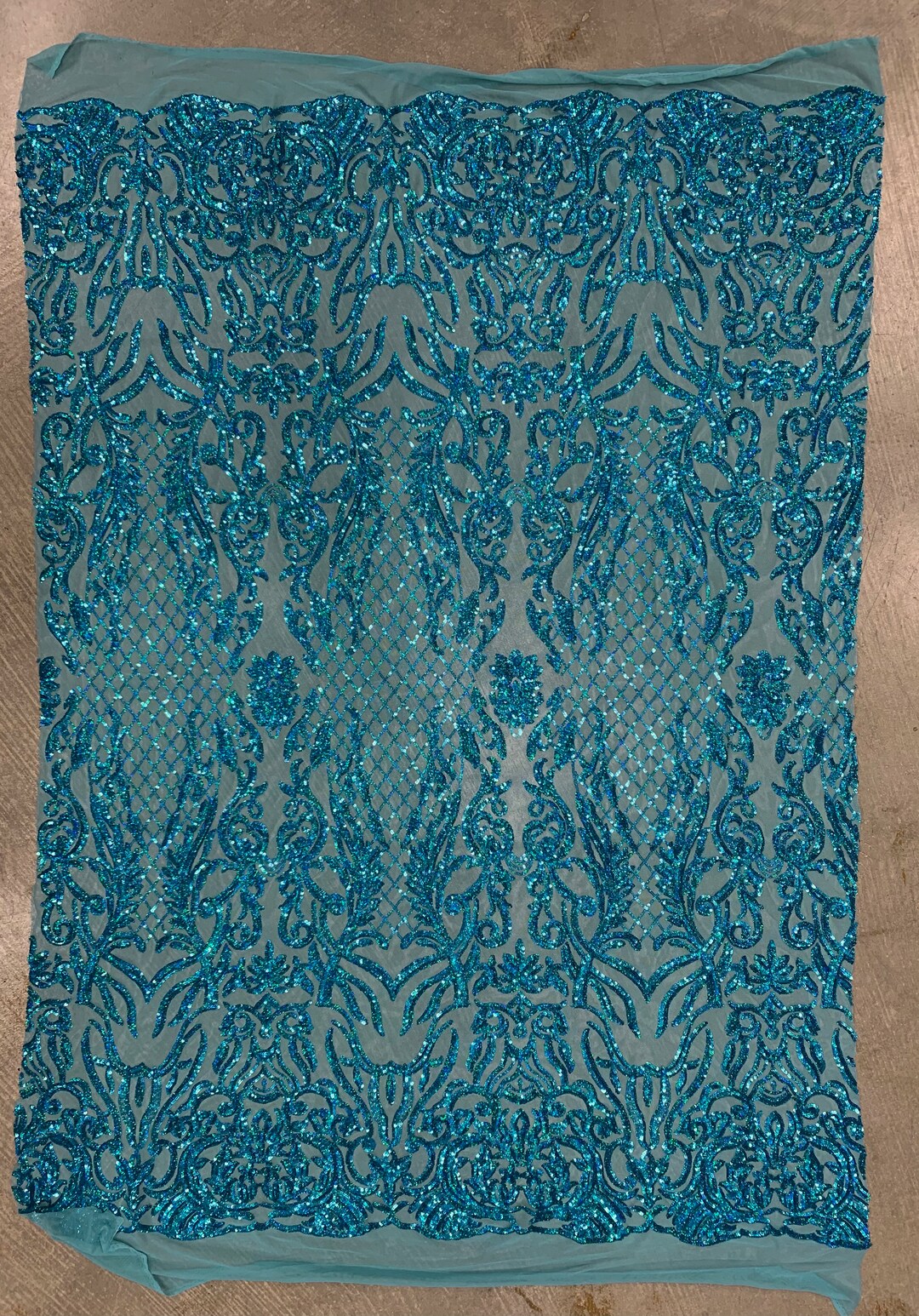 Phoebe IRIDESCENT TURQUOISE Sequins on Mesh Lace Fabric by the Yard ...
