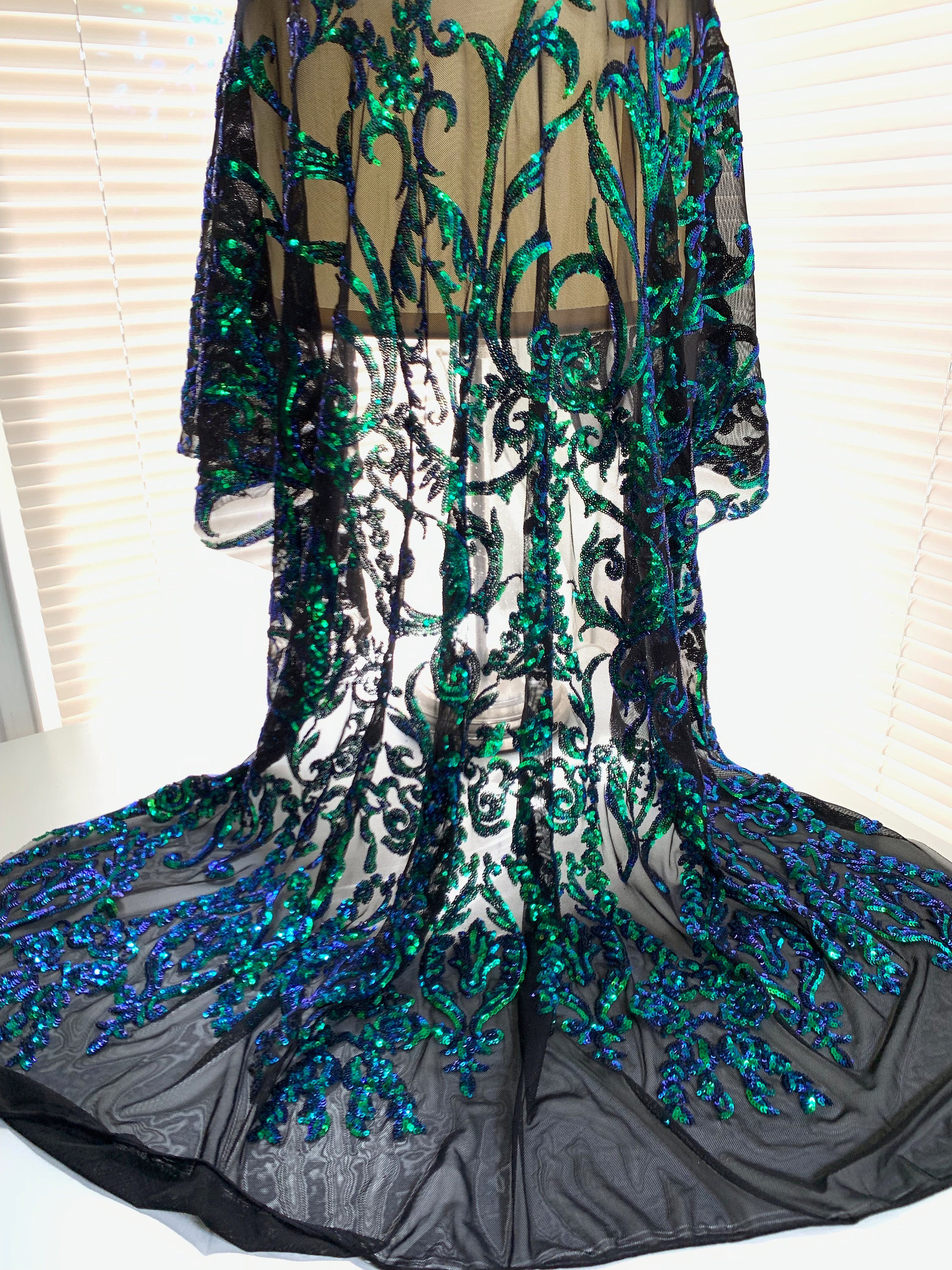 Esmeralda IRIDESCENT GREEN BLUE Mermaid Sequins on Mesh Lace Fabric by ...