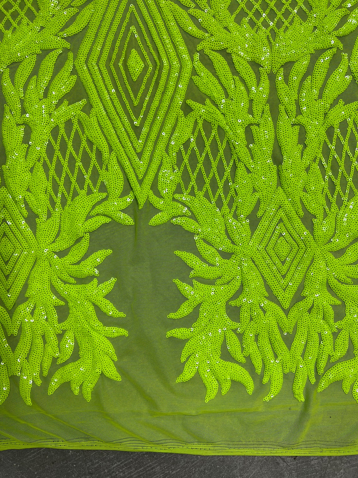 Francesca NEON YELLOW GREEN Vines and Diamonds Pattern Sequins on Mesh ...