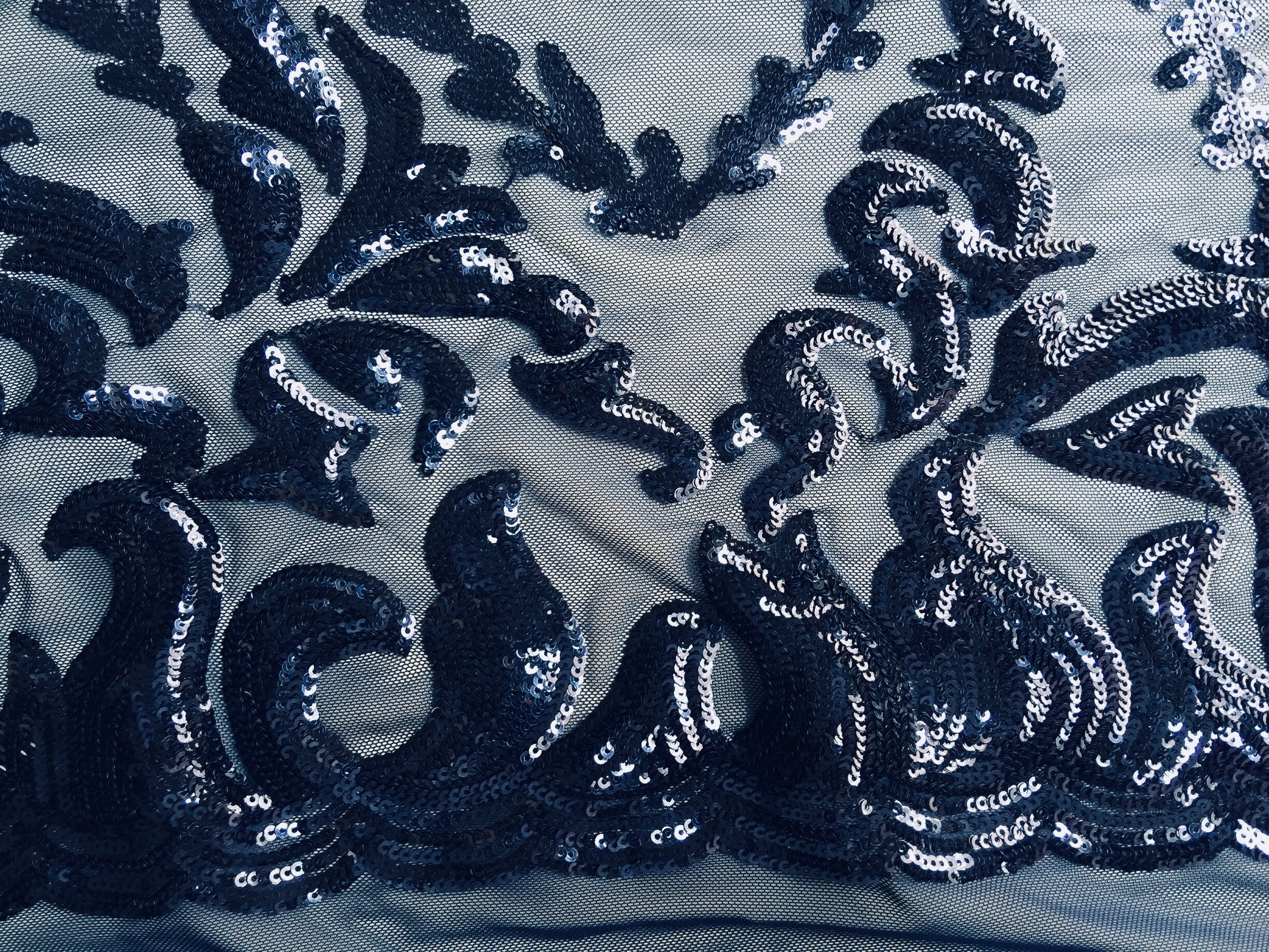Miranda NAVY BLUE Vines and Leaves Sequins on NAVY Mesh Lace Fabric by ...