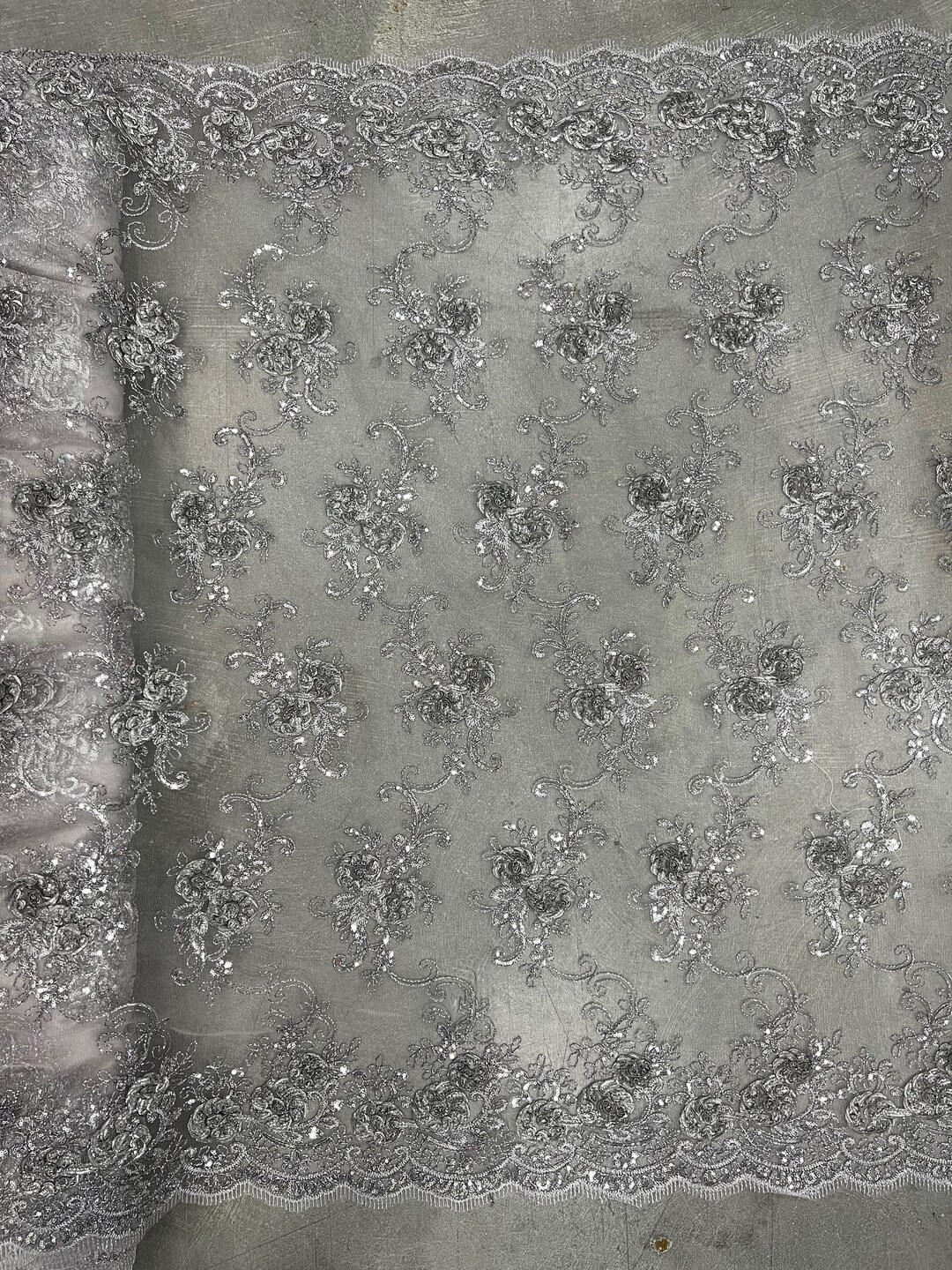 Ryleigh GREY 3D Floral Embroidery With Foil & Sequins on Mesh Lace ...