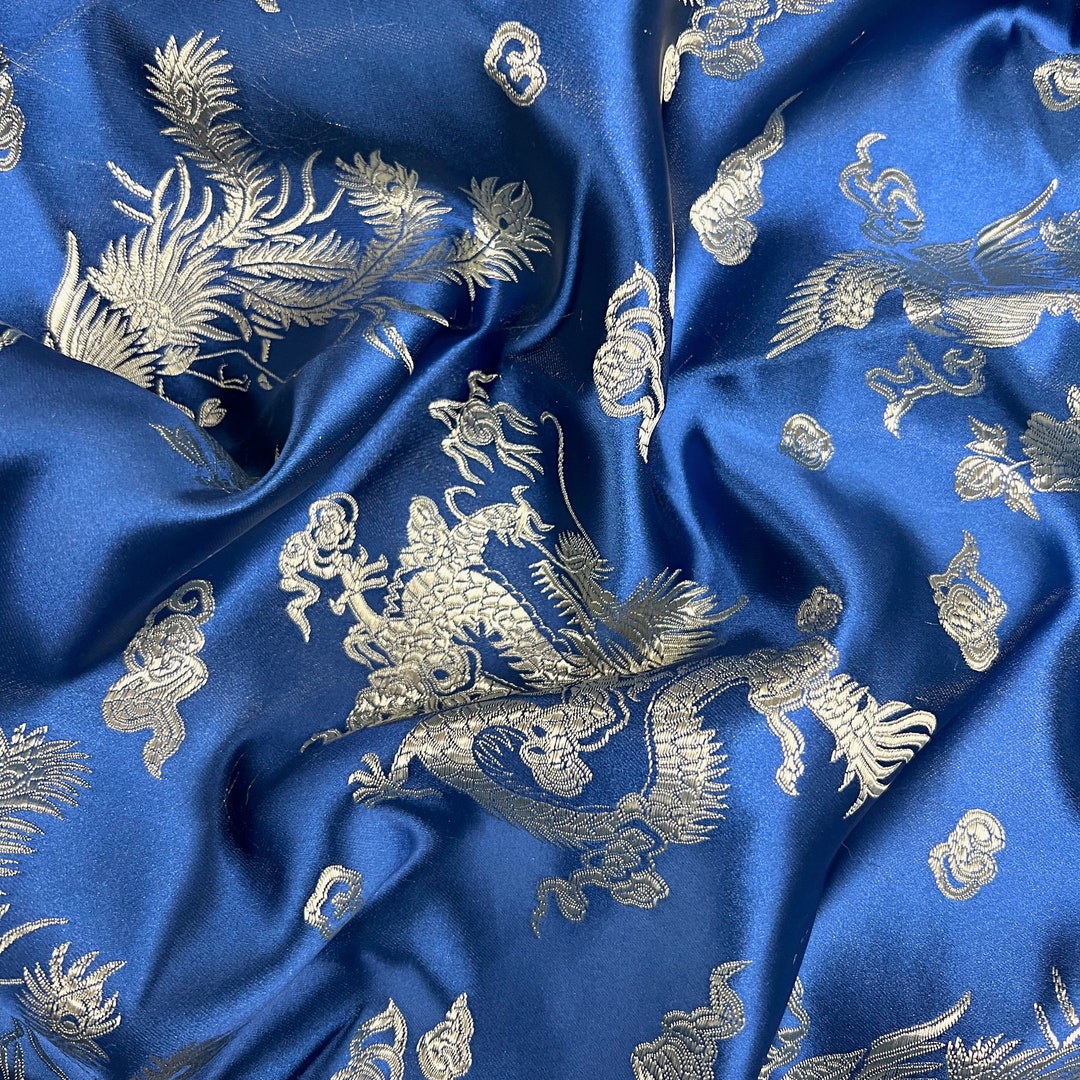 Arisa BLUE Gold Dragon Brocade Chinese Satin Fabric for Cheongsam/qipao ...
