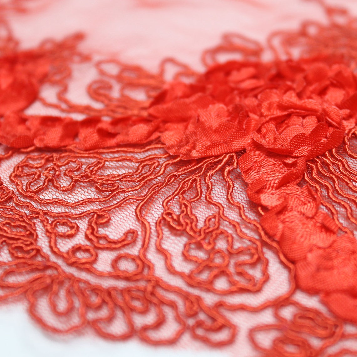 Andrea RED 3D Floral Matte Corded Embroidery on Mesh Lace Fabric by the ...