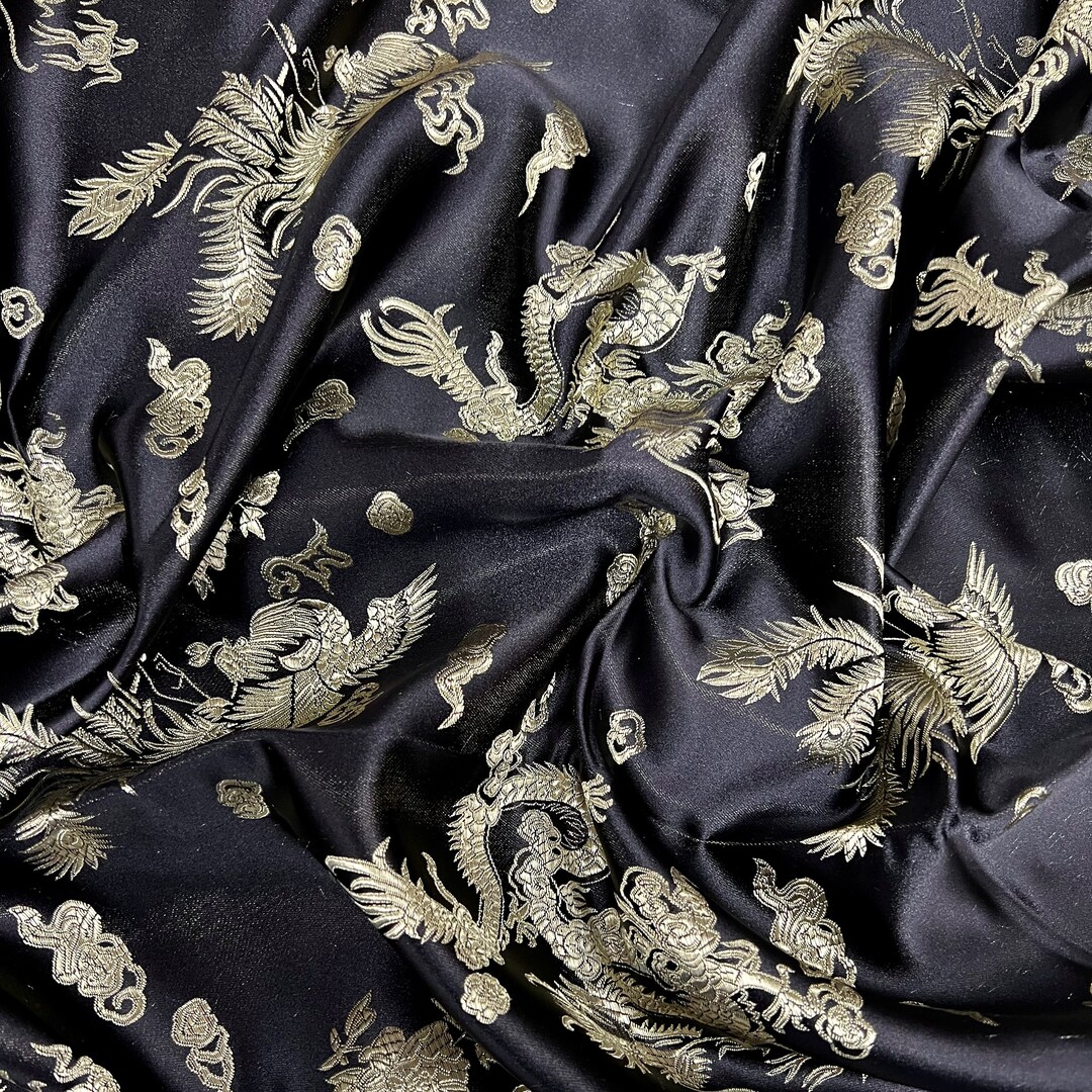 Arisa BLACK Gold Dragon Brocade Chinese Satin Fabric for Cheongsam ...