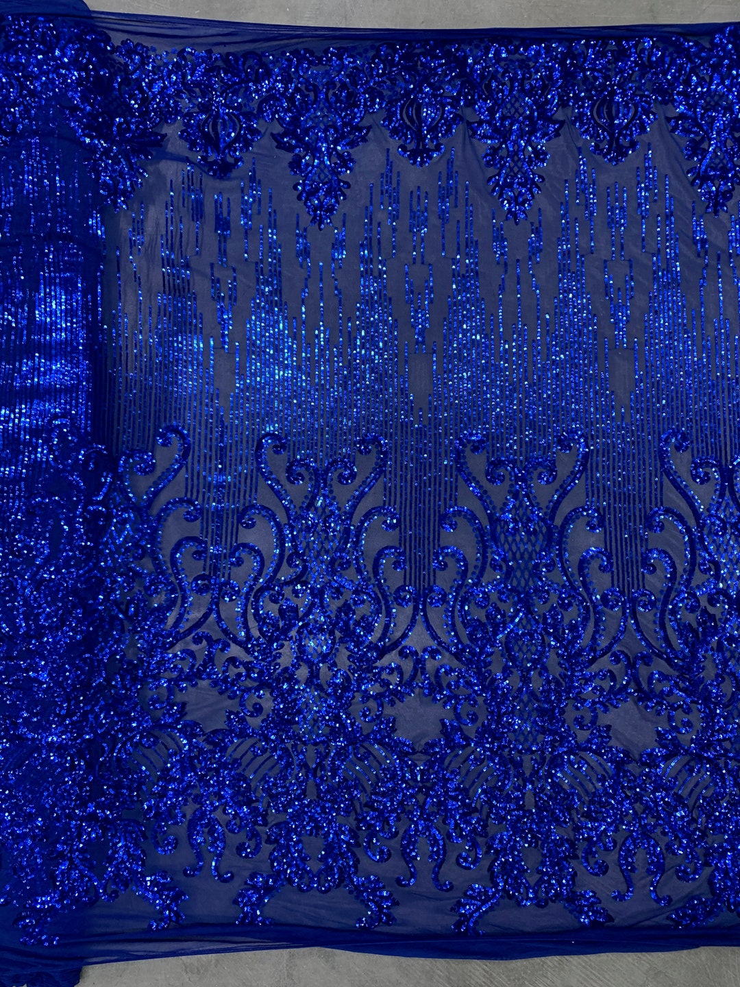 Angelica ROYAL BLUE Curlicues and Leaves Sequins on Mesh Lace Fabric by ...