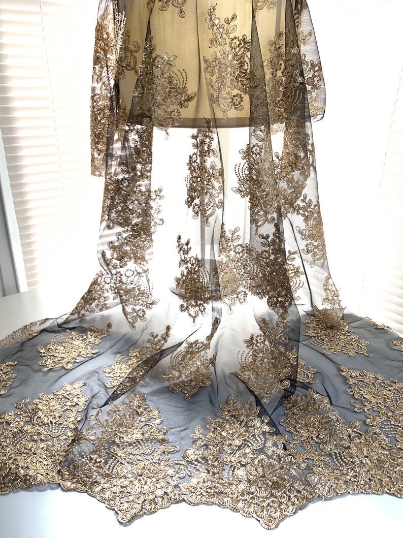 Brianna GOLD Polyester Floral Embroidery With Sequins on BLACK Mesh ...