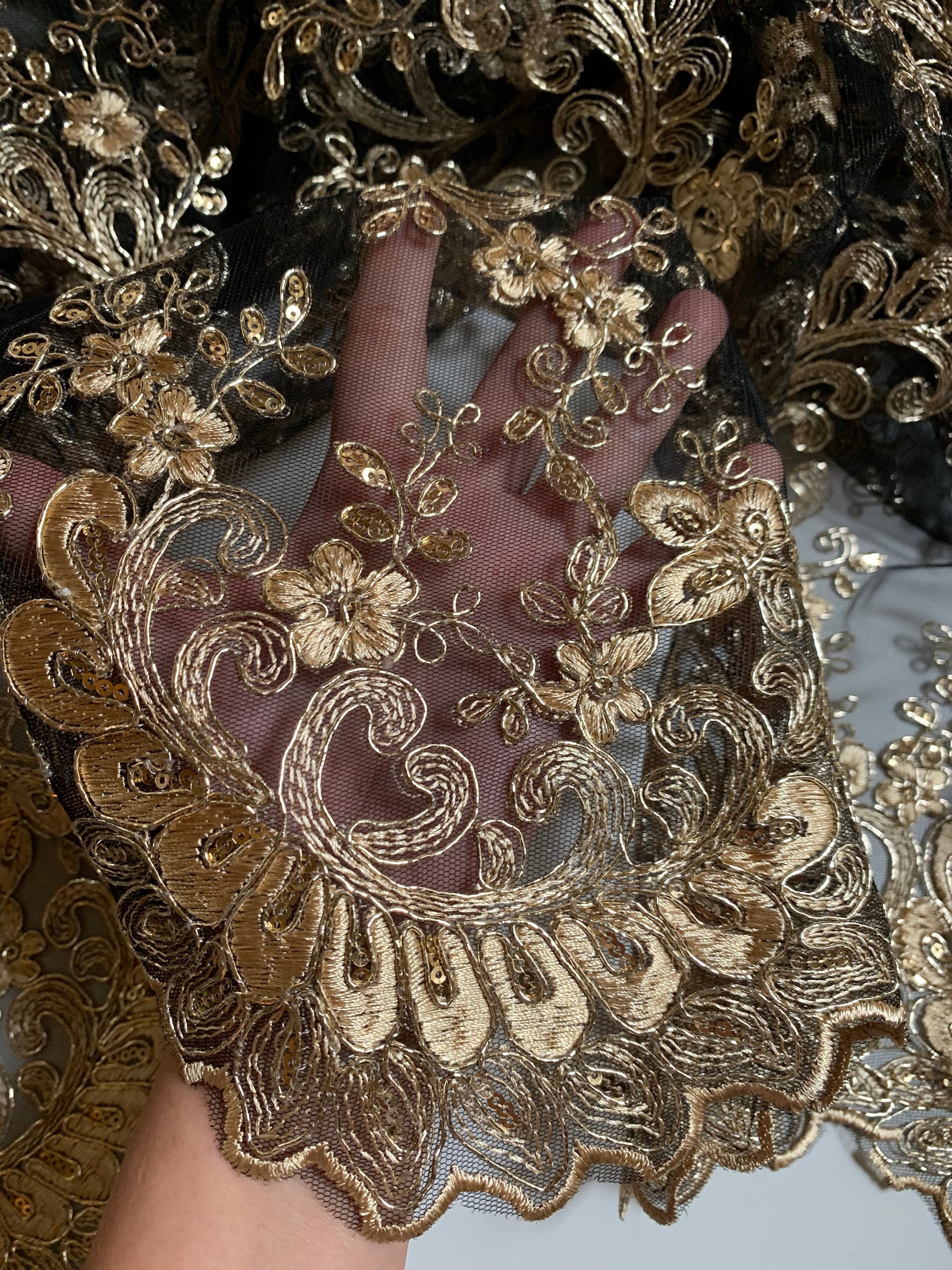 Melody GOLD Polyester Floral Embroidery With Sequins on BLACK - Etsy