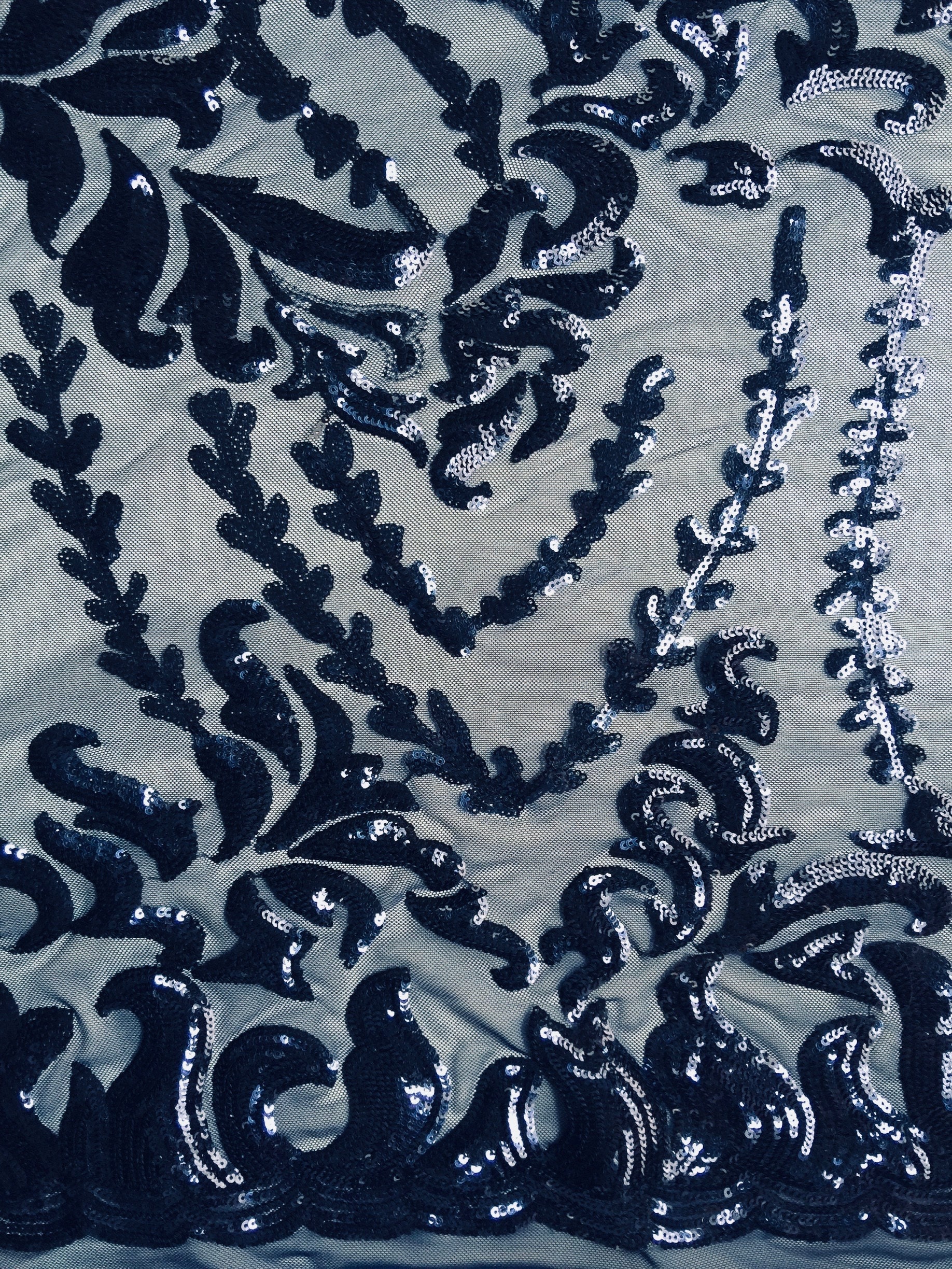 Miranda NAVY BLUE Vines and Leaves Sequins on NAVY Mesh Lace Fabric by ...