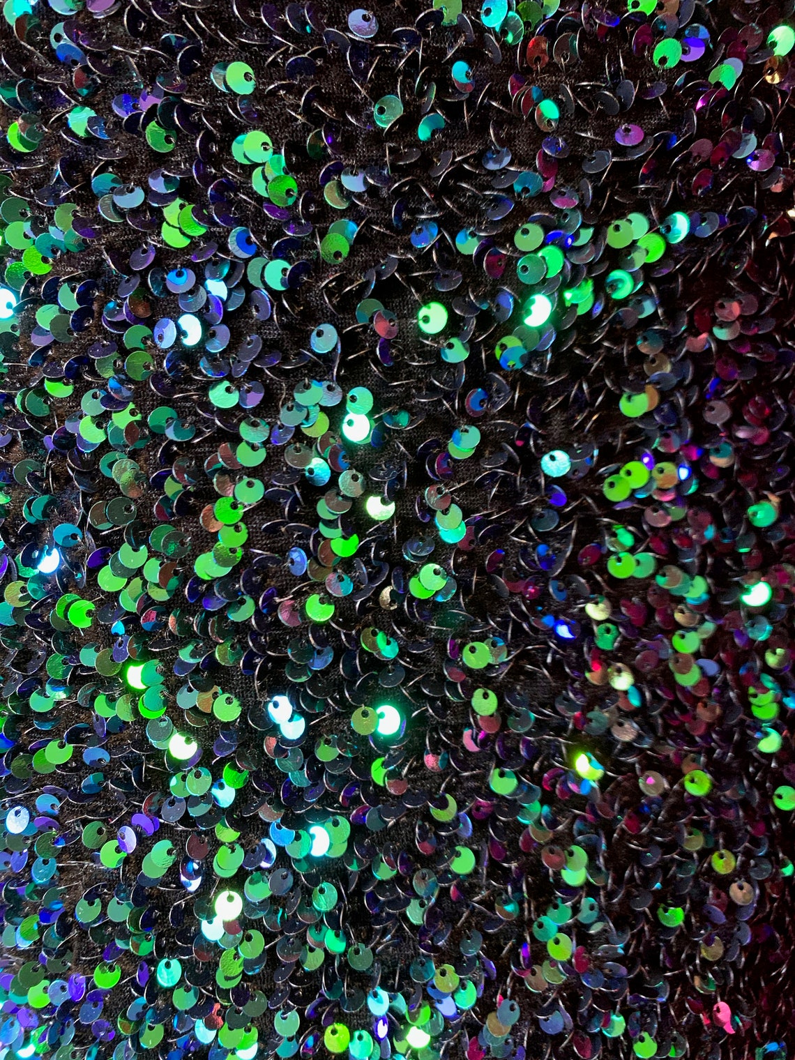 Stephanie GREEN BLUE Mermaid Overlap Sequins on BLACK Stretch Velvet ...